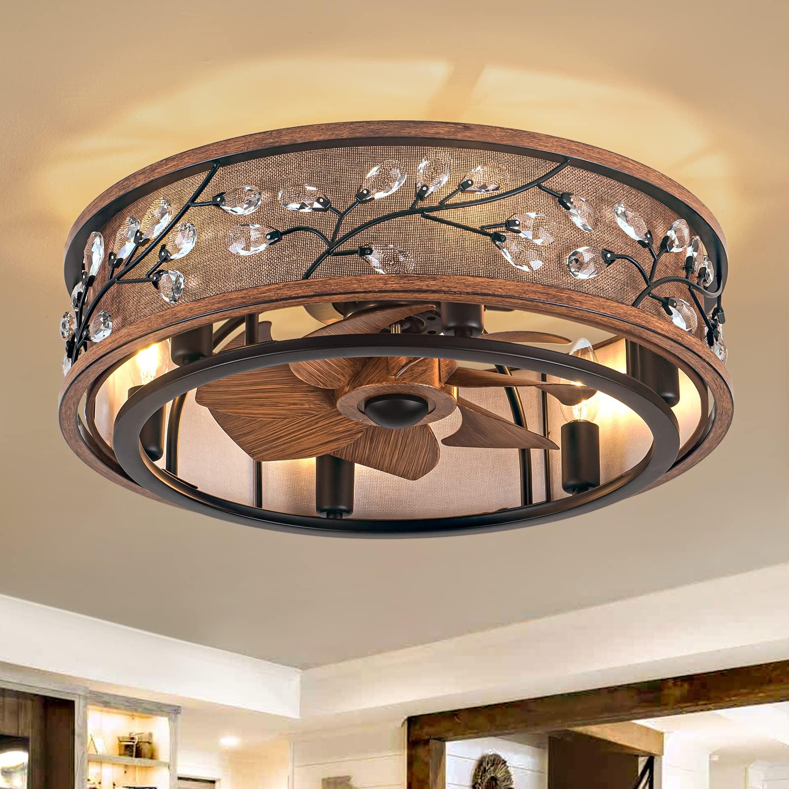 WWM Ceiling Fans with Lights, 20" Flush Mount Caged Farmhouse Ceiling ...