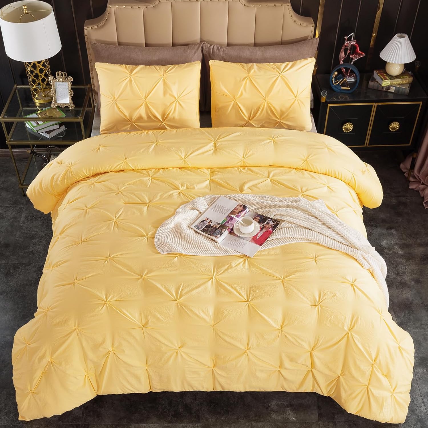 Amazon.com: Andency Yellow Pinch Pleated Comforter King(104x90Inch), 3 ...