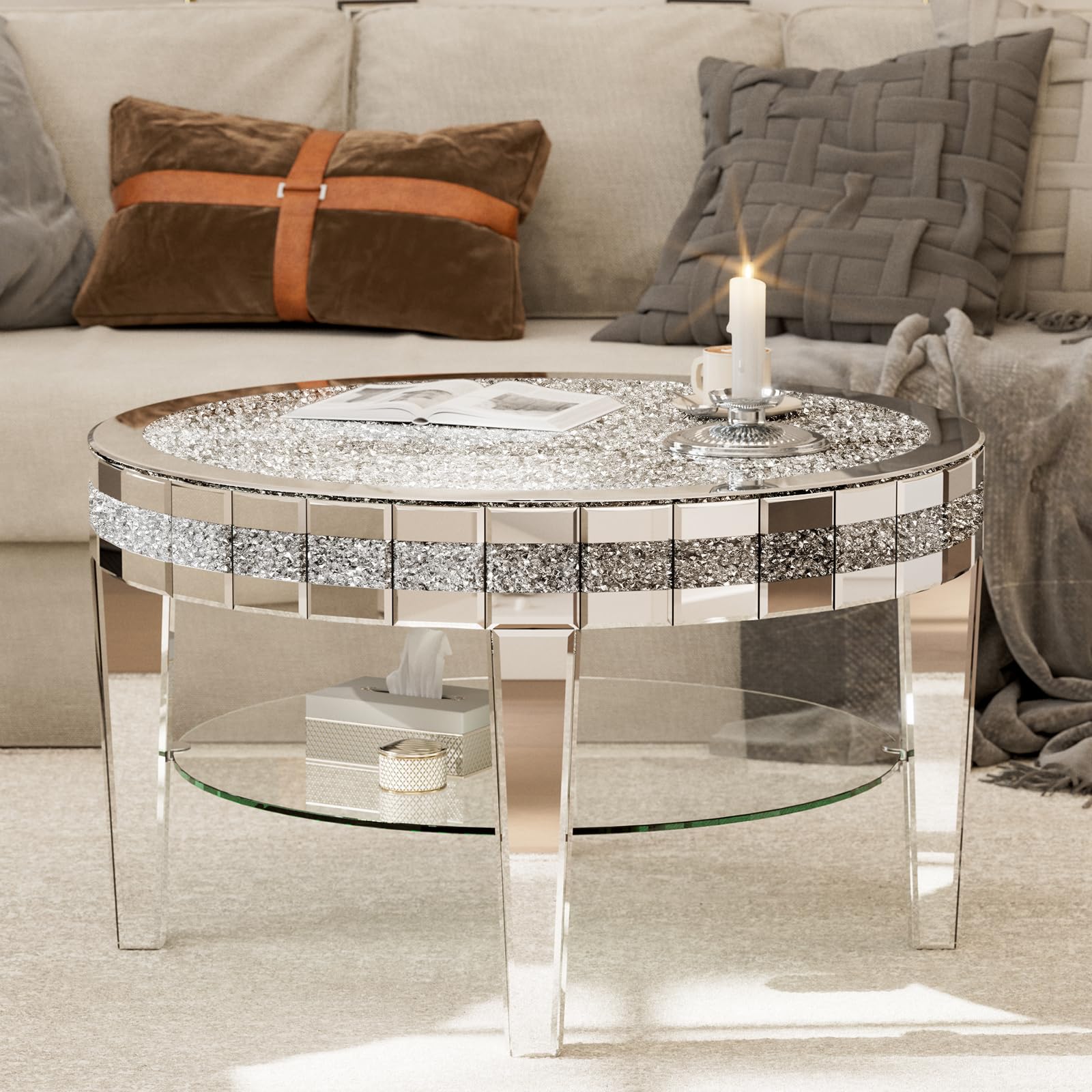 Amazon.com: IKIFLY Round Mirrored Coffee Table 2-Tier with Crushed ...