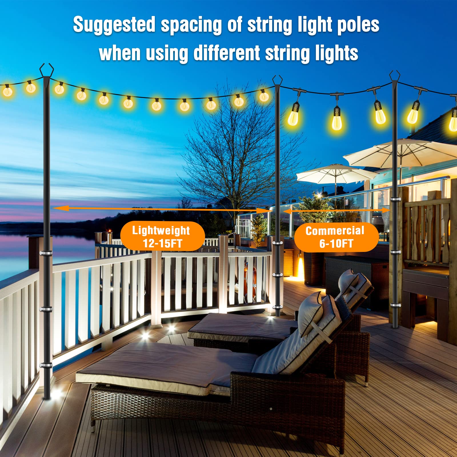 AILBTON 10Ft String Light Poles,2 Pack Light Poles for Outside Lights ...