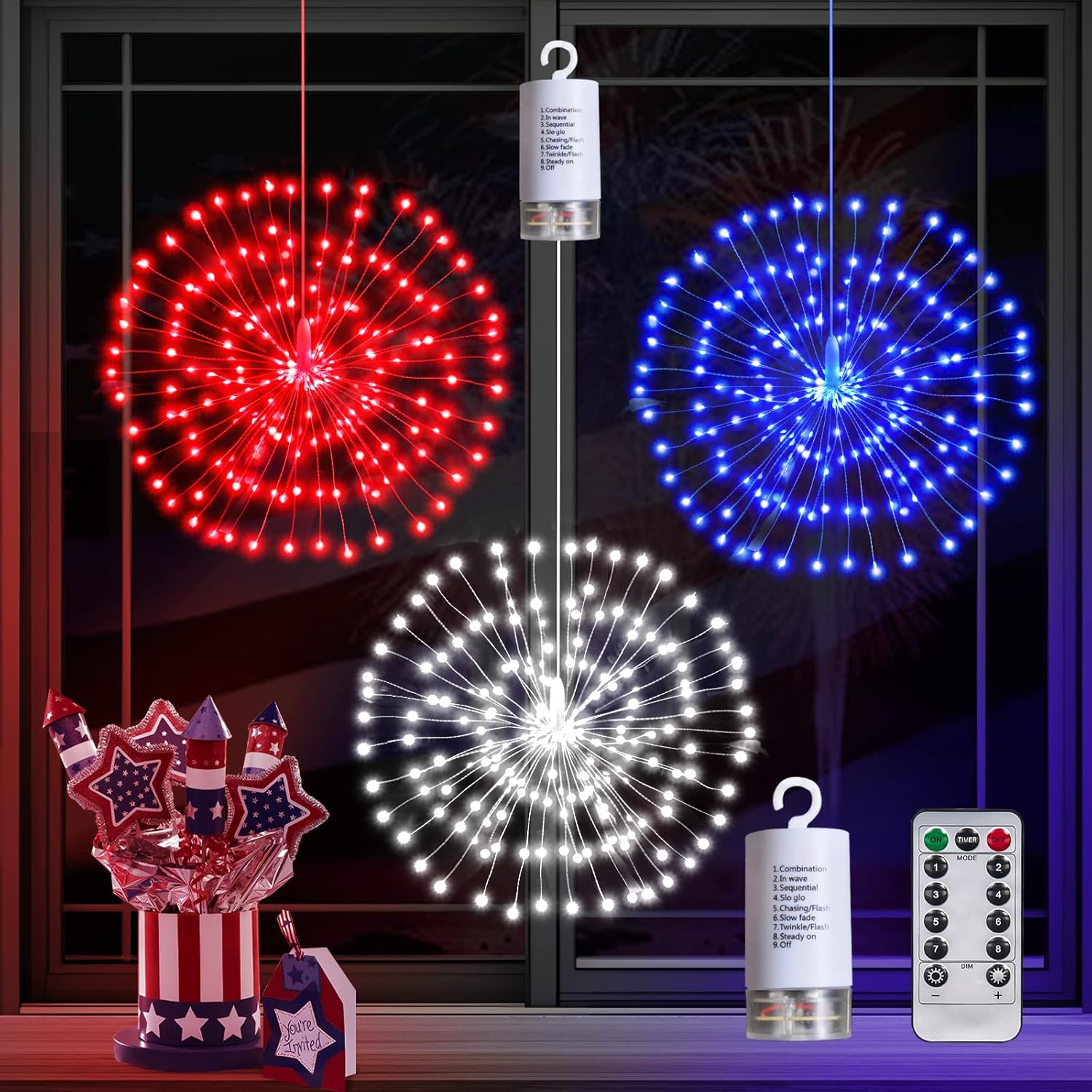 LYUBASA 3 Pack 4th of July Lights Decorations 480 LED Remote&Time 8 ...