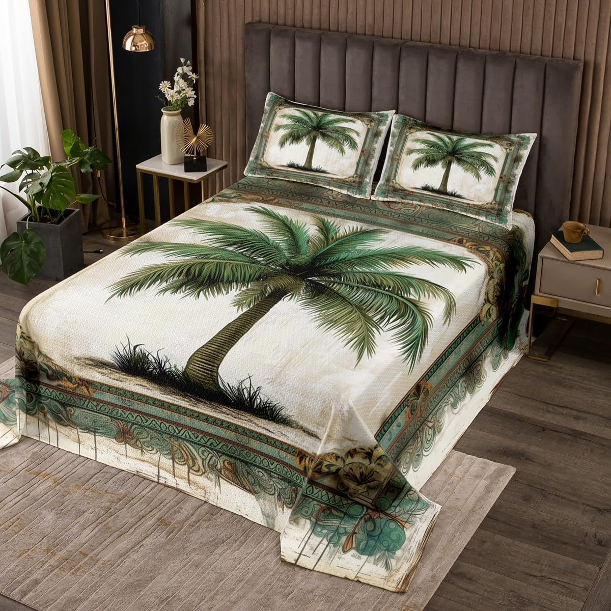 Amazon.com: Coconut Tree Bedspread Queen Size,Green Palm Tree Bedding ...