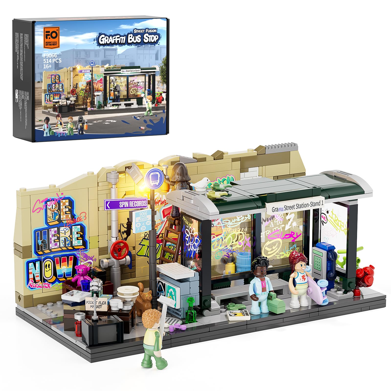 FUNWHOLE Graffiti Bus Stop Lighting Building Bricks Set - Street Fusion ...