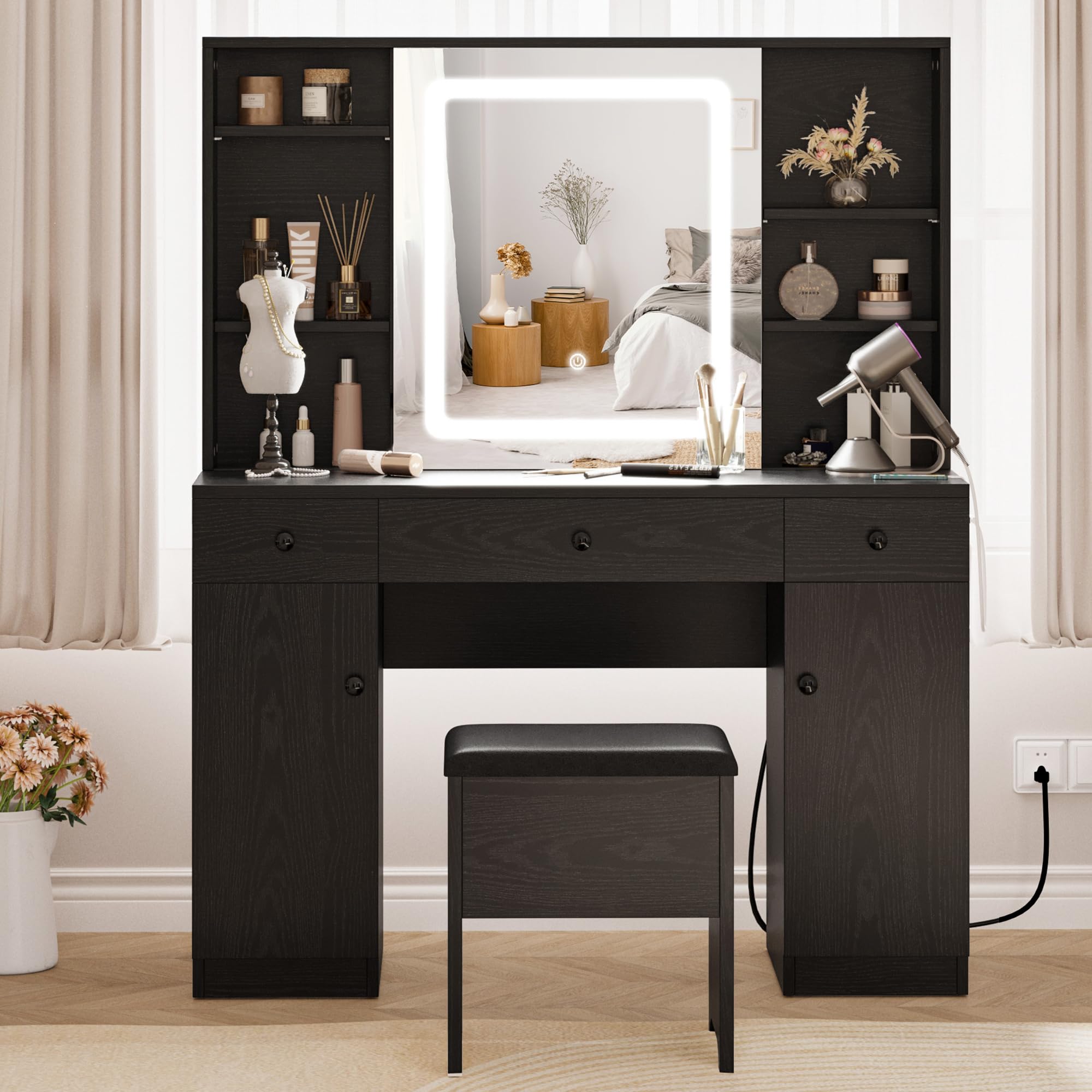 IRONCK Vanity Desk Set with Large LED Lighted Mirror & Power Outlet, 7 ...