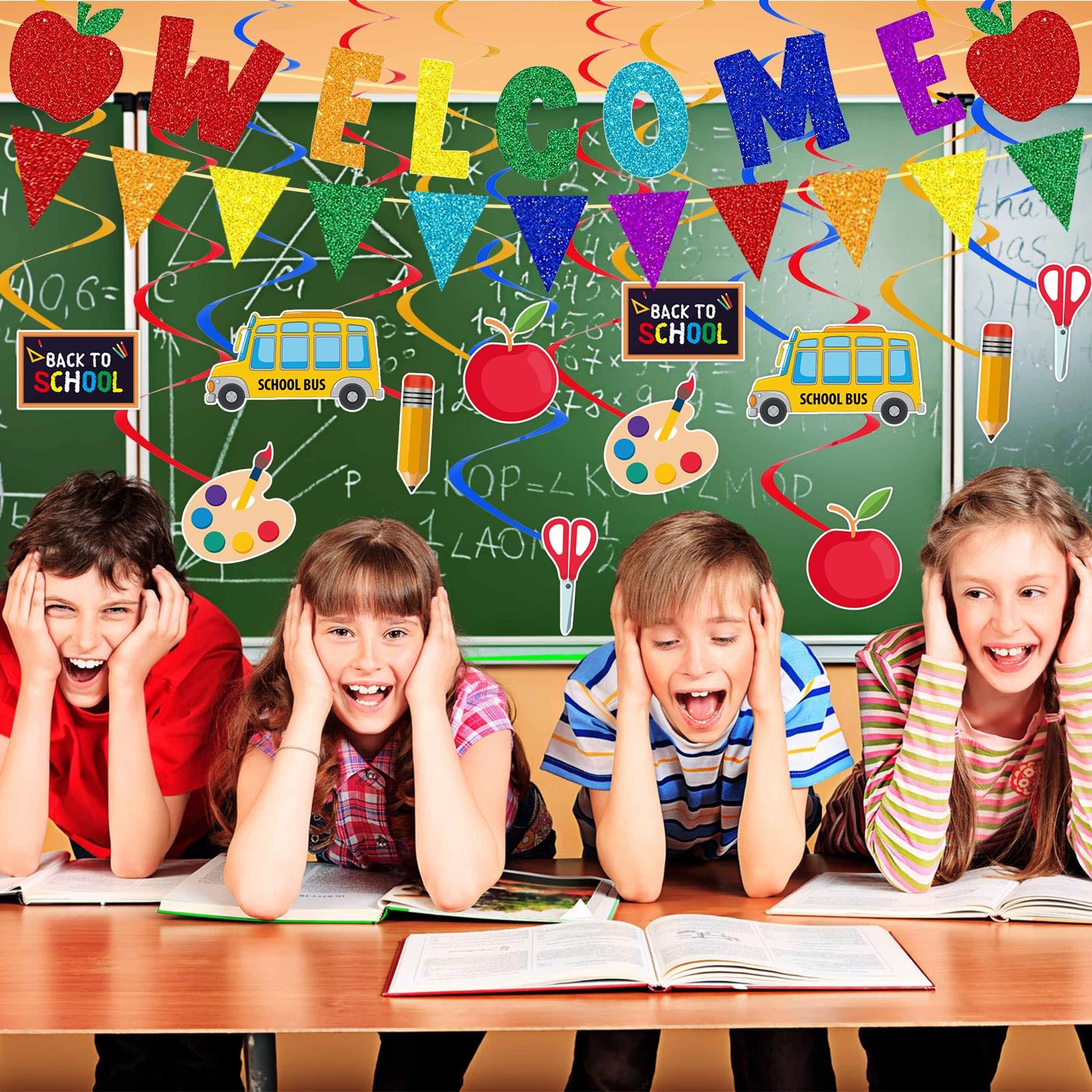 Welcome To Kindergarten JKQ Colorful Glittery Banner With Crayon Signs ...