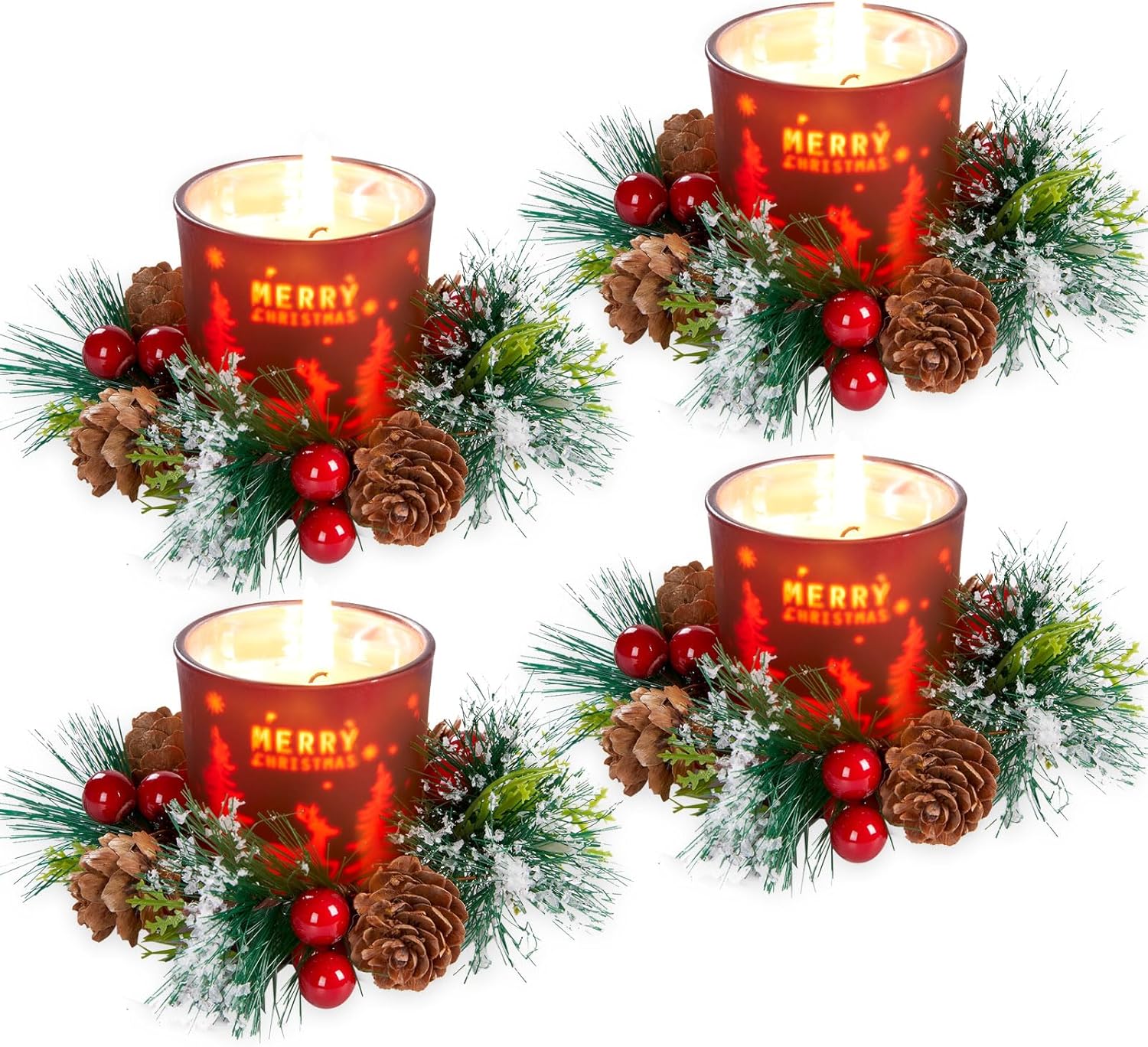 Amazon.com: Red Christmas Candle Rings: Wreath Snowy Pine Needles Red ...