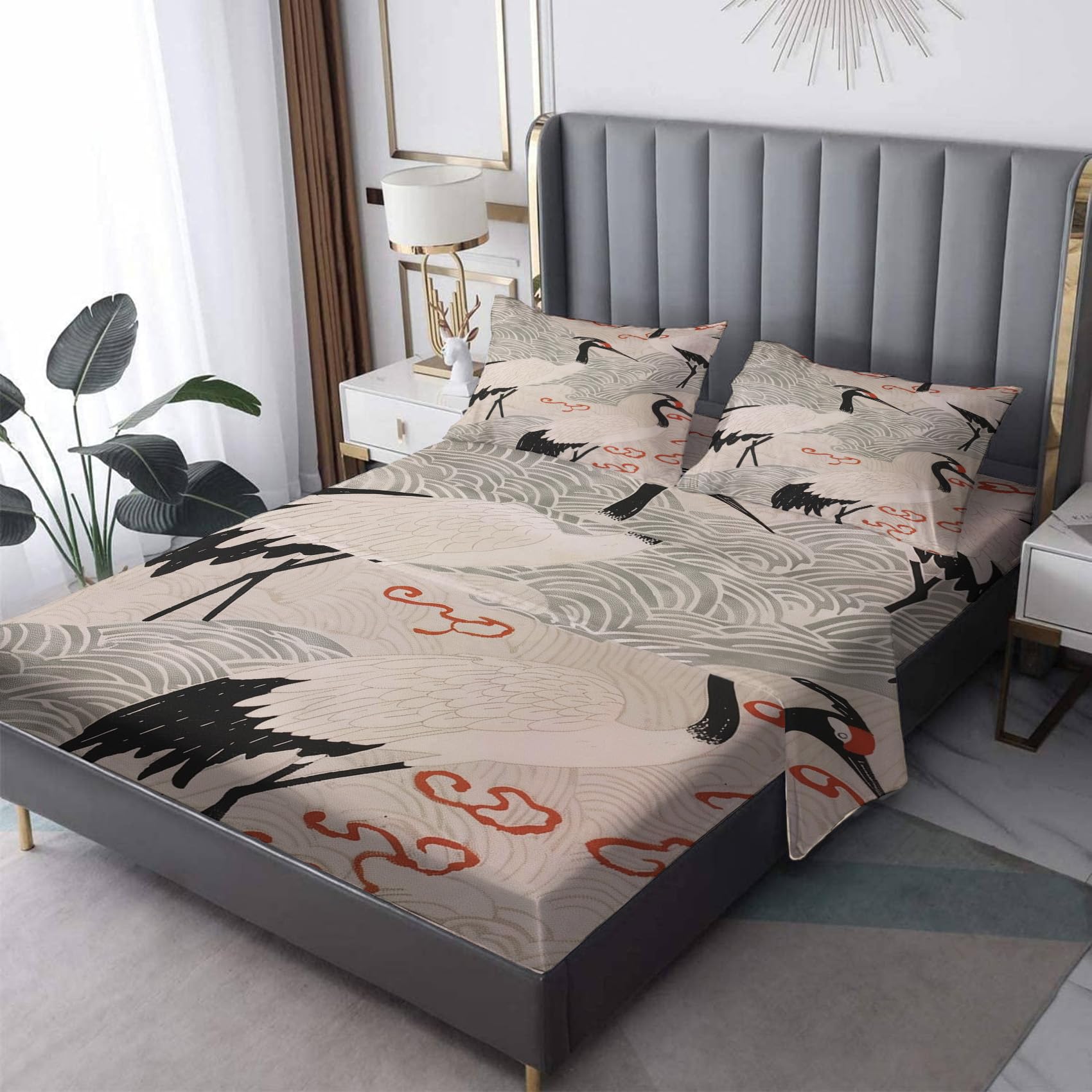 Amazon.com: Zhrylliq Japanese Crane Sheets Split King for Adjustable ...