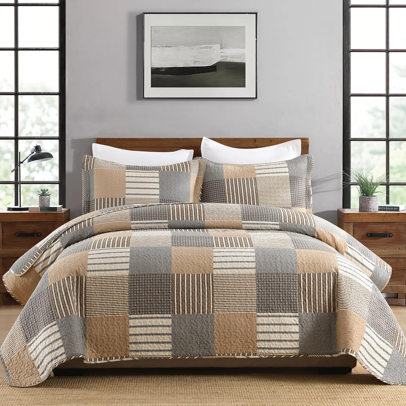 Amazon.com: PANGUSHAN 100% Cotton Quilt Set Queen Size, Farmhouse Plaid ...