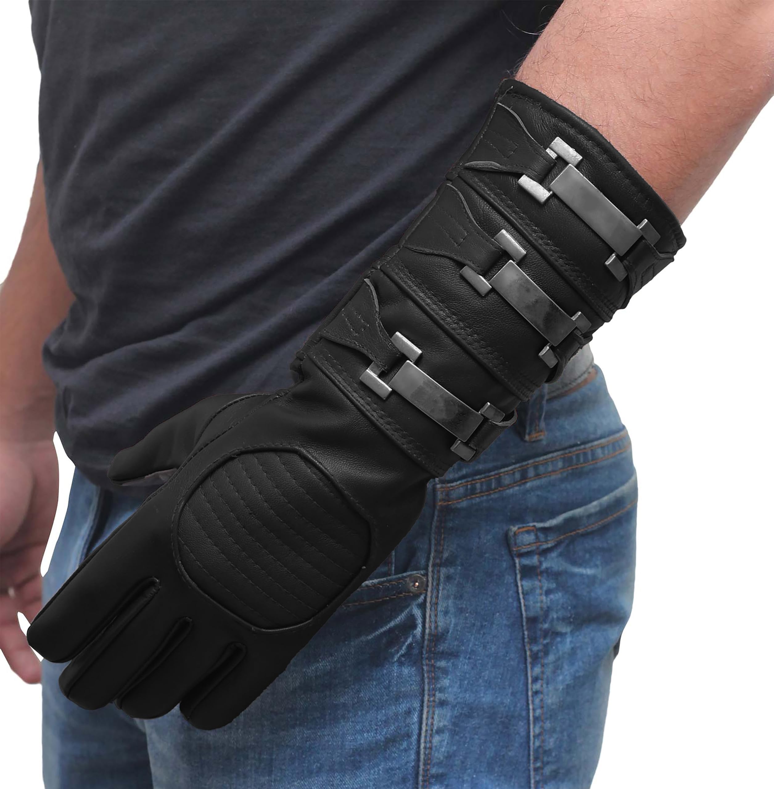 Real Sheepskin Leather Sky Gauntlet Long Arm Cuff Unlined Mens Costume ...