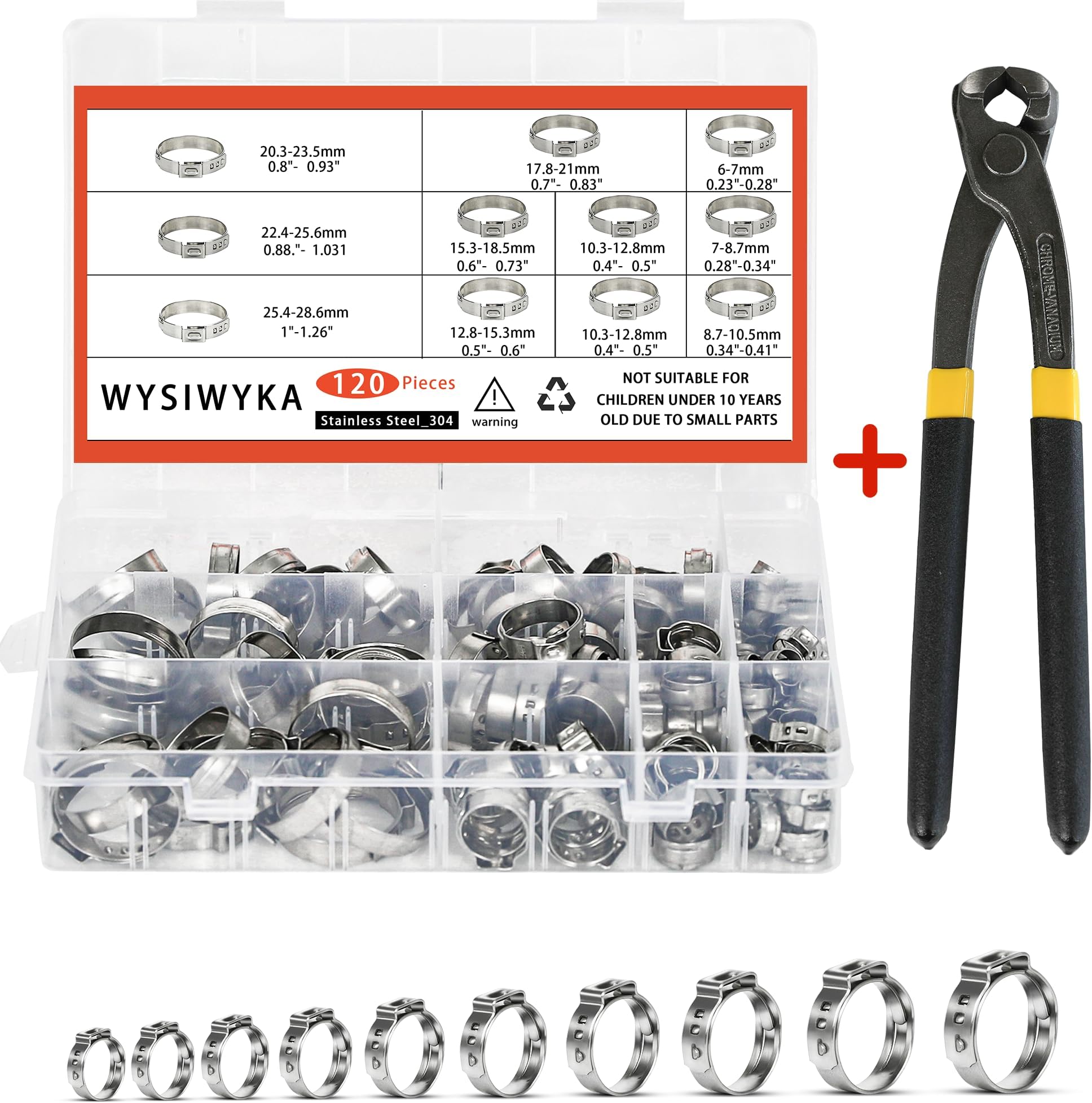 Single Ear Hose Clamps - 115 pcs, 10 Sizes, 304 Stainless Steel ...