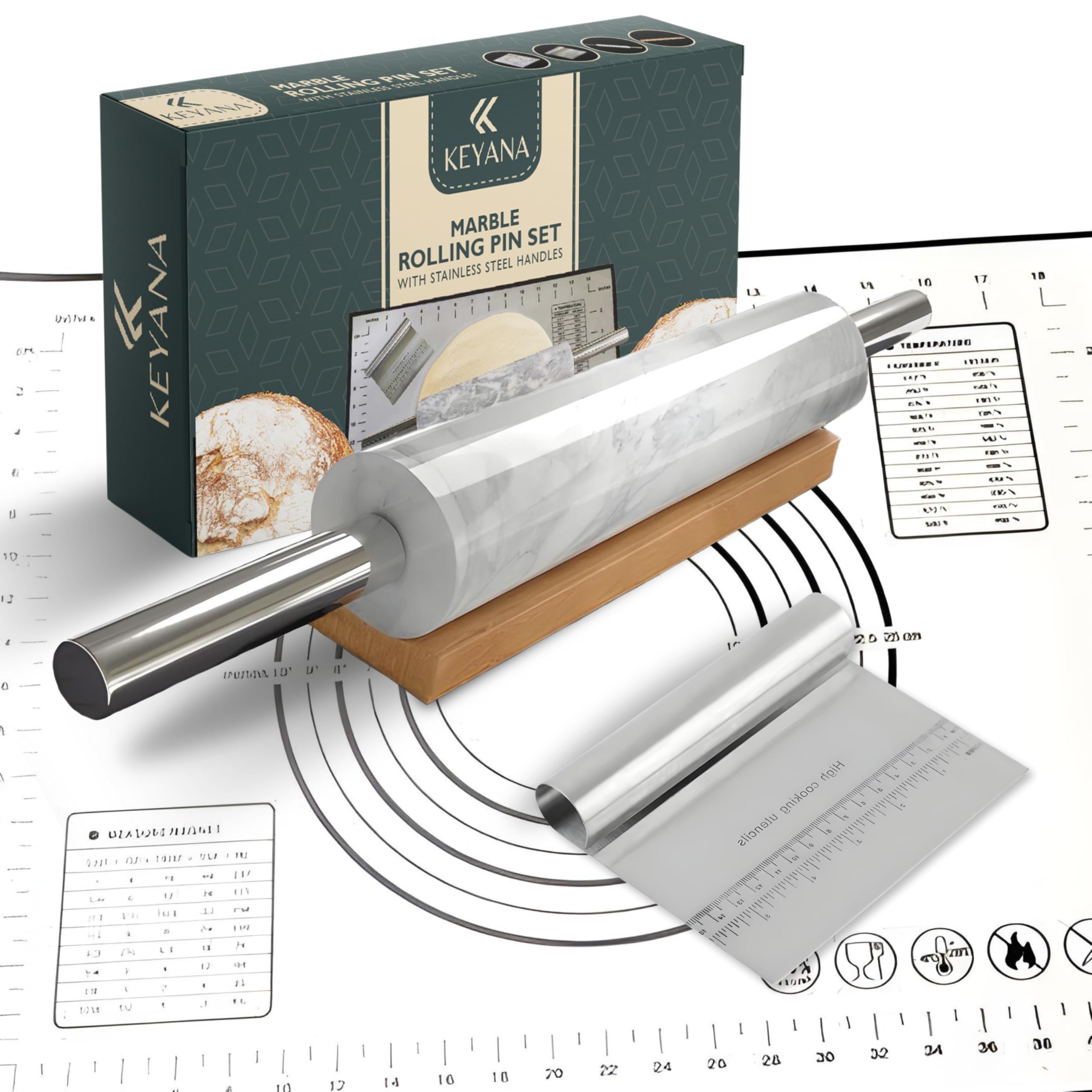 Amazon.com: Keyana Marble Rolling Pin with Stainless Steel Handles ...