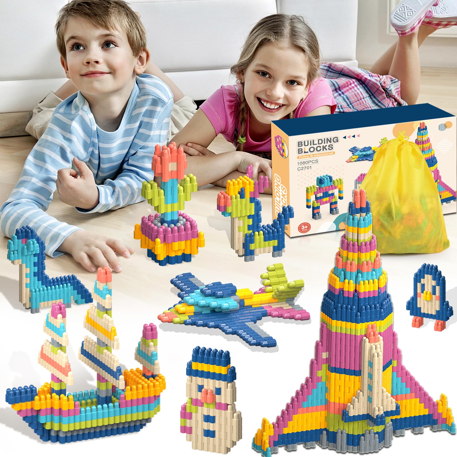 Building Blocks for Kids,1080Pcs Toddlers STEM Building Toy Solid ...