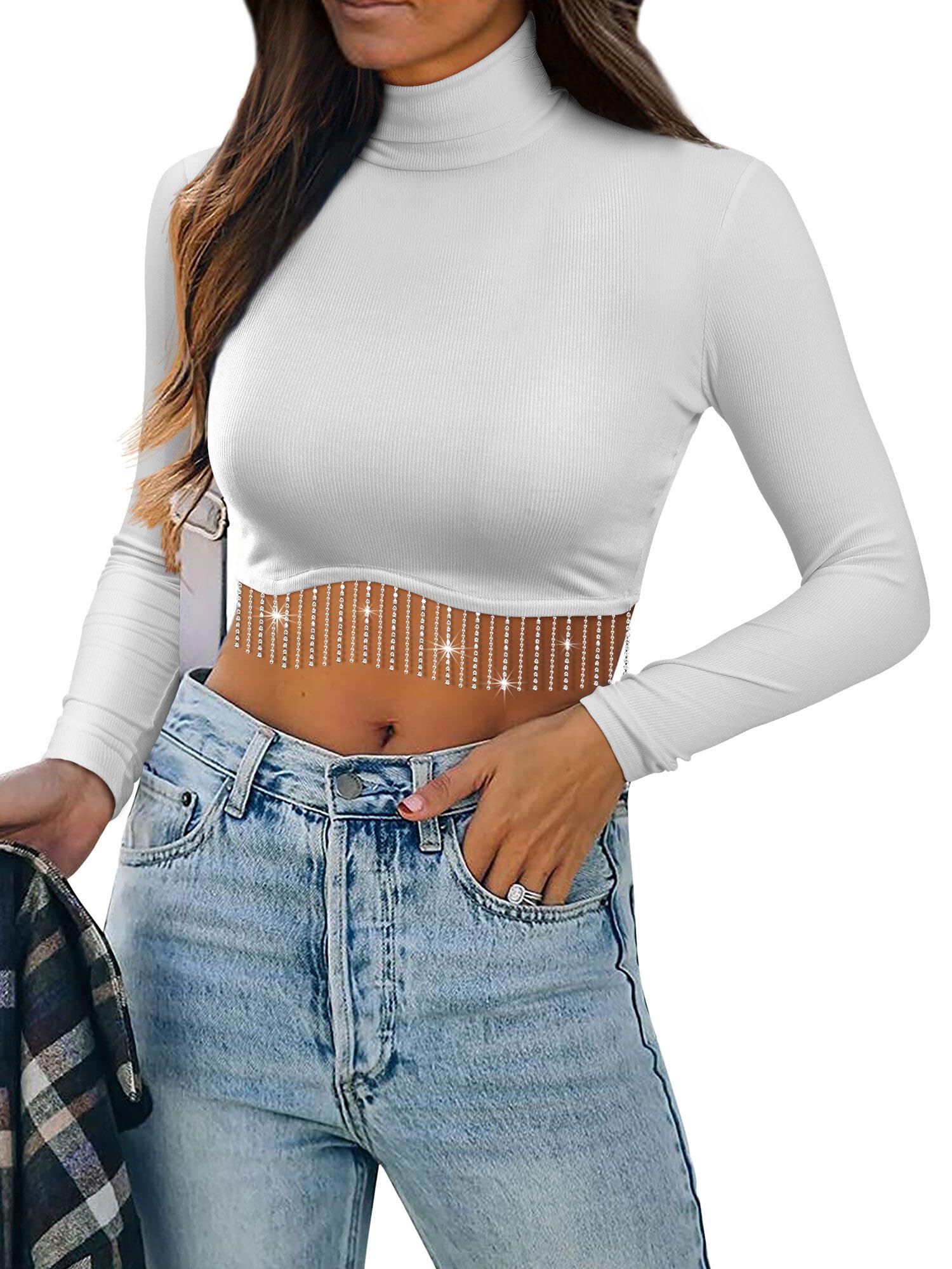 Womens Rhinestone Fringe Cami Nashville Crop Tops Sparkly Y2K Spaghetti ...