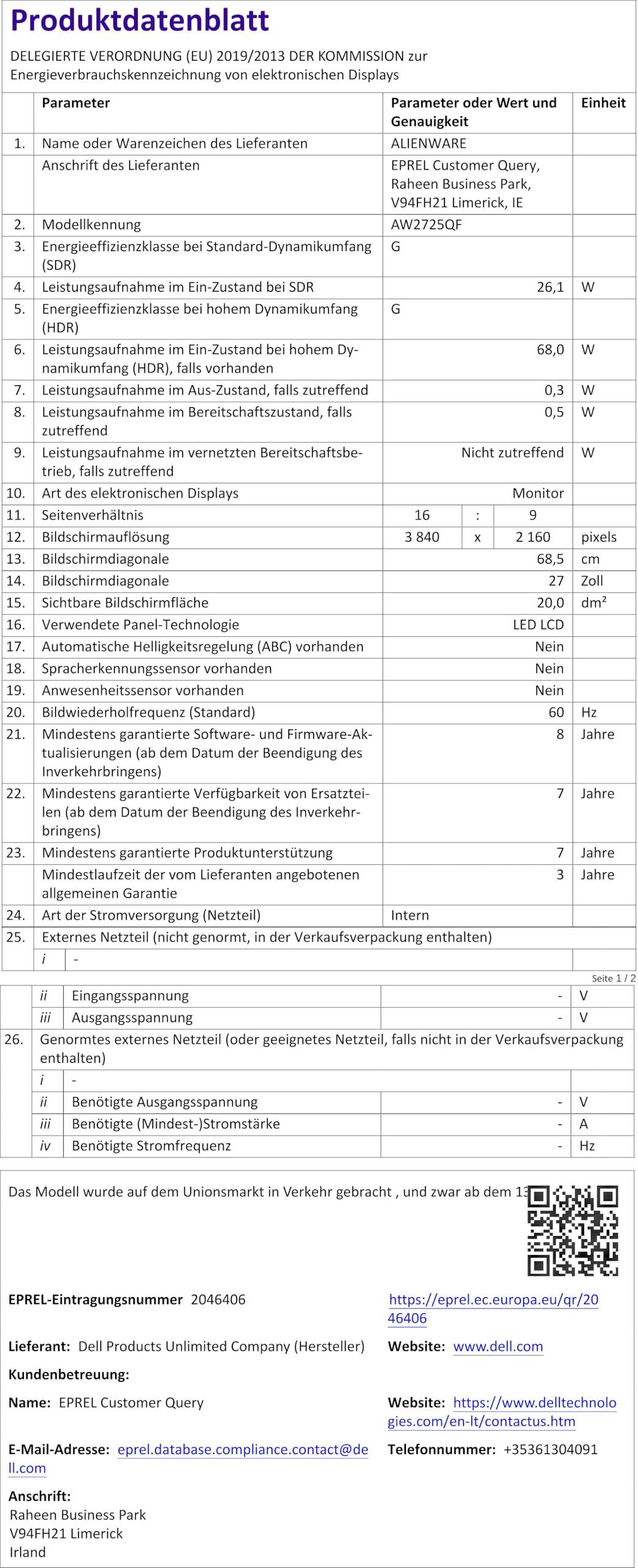 Alienware AW2725QF 27 Zoll 4K UHD Gaming Monitor, 360Hz, Fast IPS, 0 ...