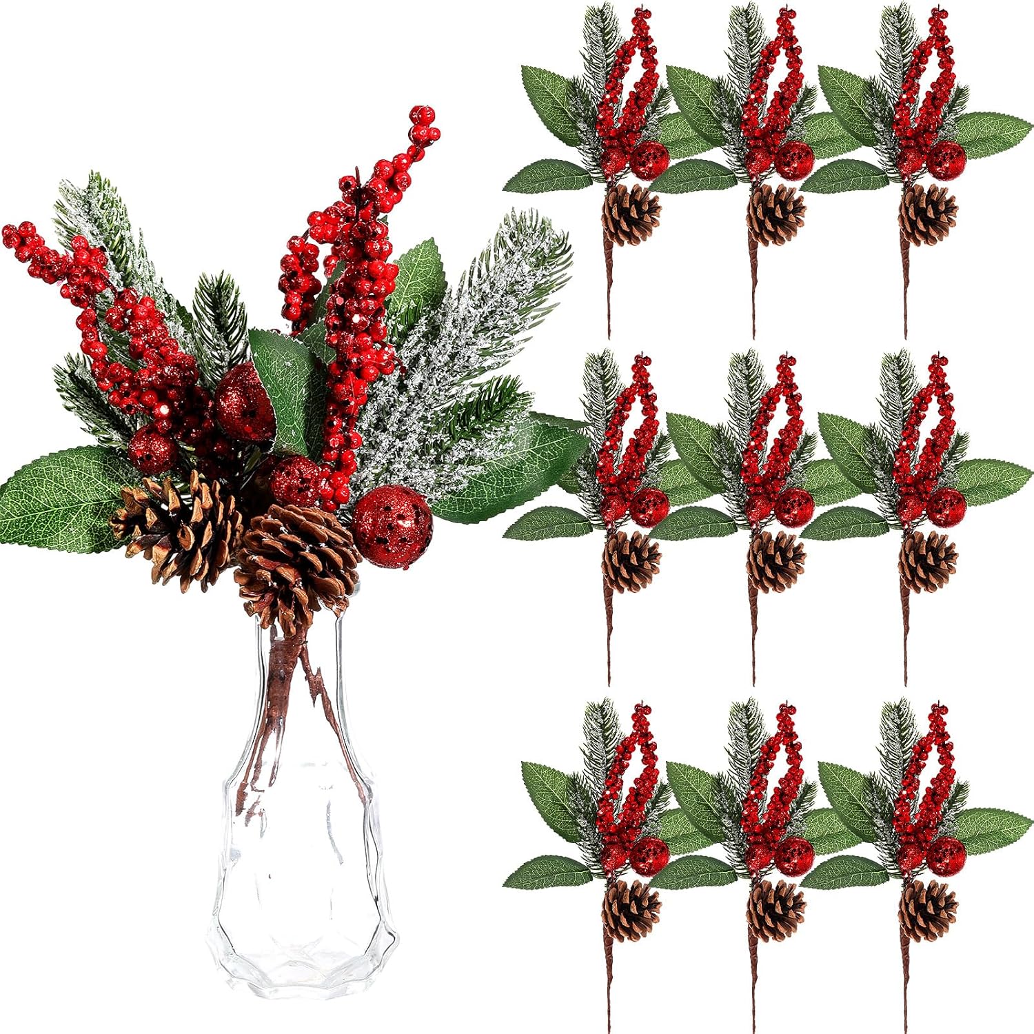 Amazon.com: Boao 12 Pieces Glittery Pine Snowy Flower Picks Artificial ...