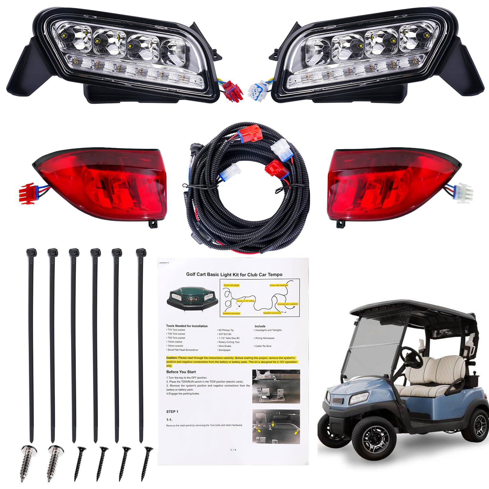 Snapklik.com : Tempo Golf Cart LED Light Kit, LED Headlight And Tail ...
