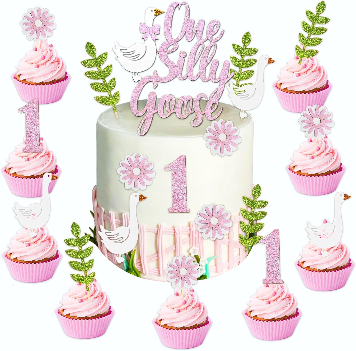 Amazon.com: One Silly Goose Cake Topper 1st Birthday Decorations Pink ...