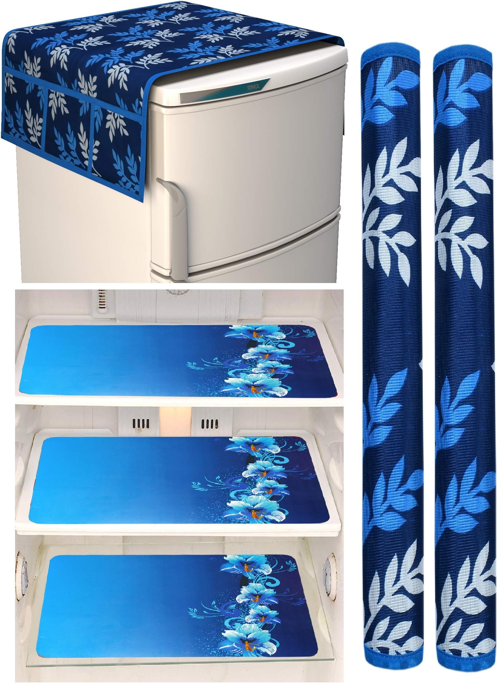 Factcore Combo Fridge Top Cover(Blue Leaf), Fridge Handle Covers (Blue ...