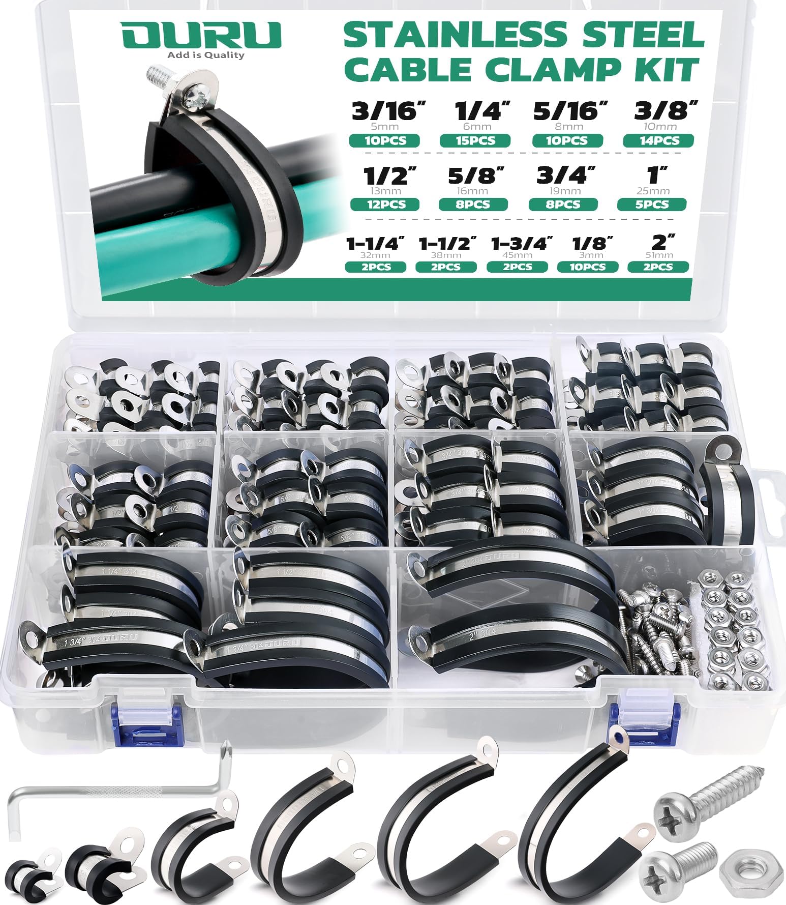 Cable Clamp Assortment Kit, LOKMAN 46 Pieces 304 Stainless Steel Rubber ...