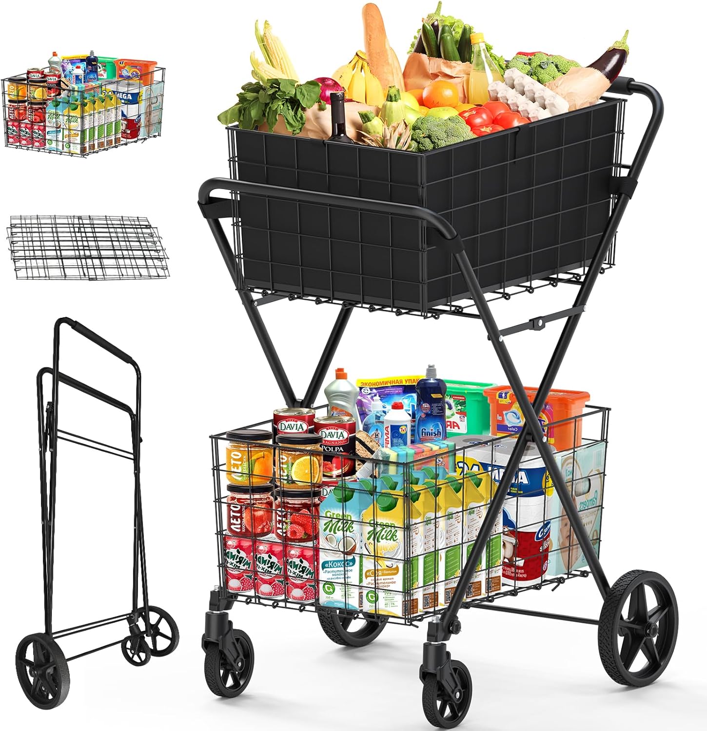 Amazon.com: JIALIJIU 2-Tier Shopping Cart for Groceries, Folding ...