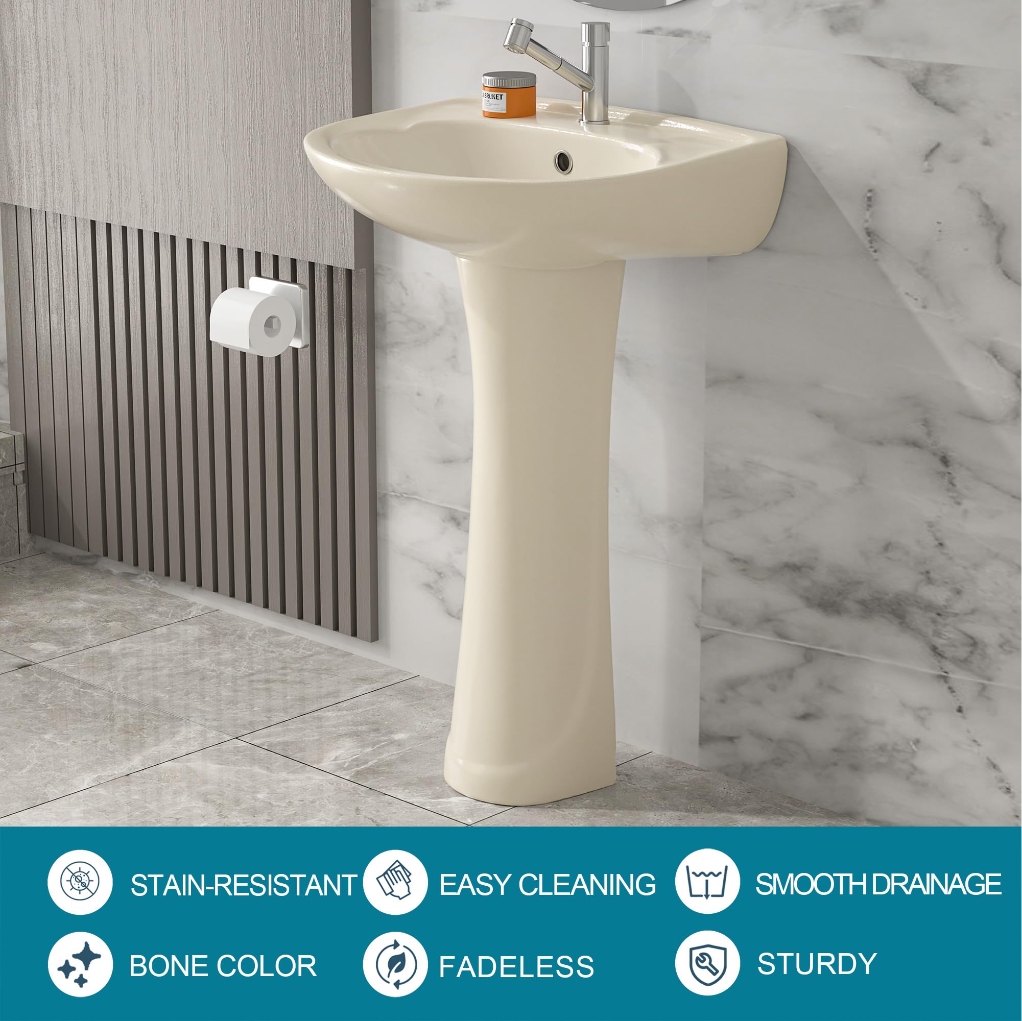 Snapklik.com : Pedestal Sink Bone 1 Hole, 20 X 17 Inch Bathroom ...