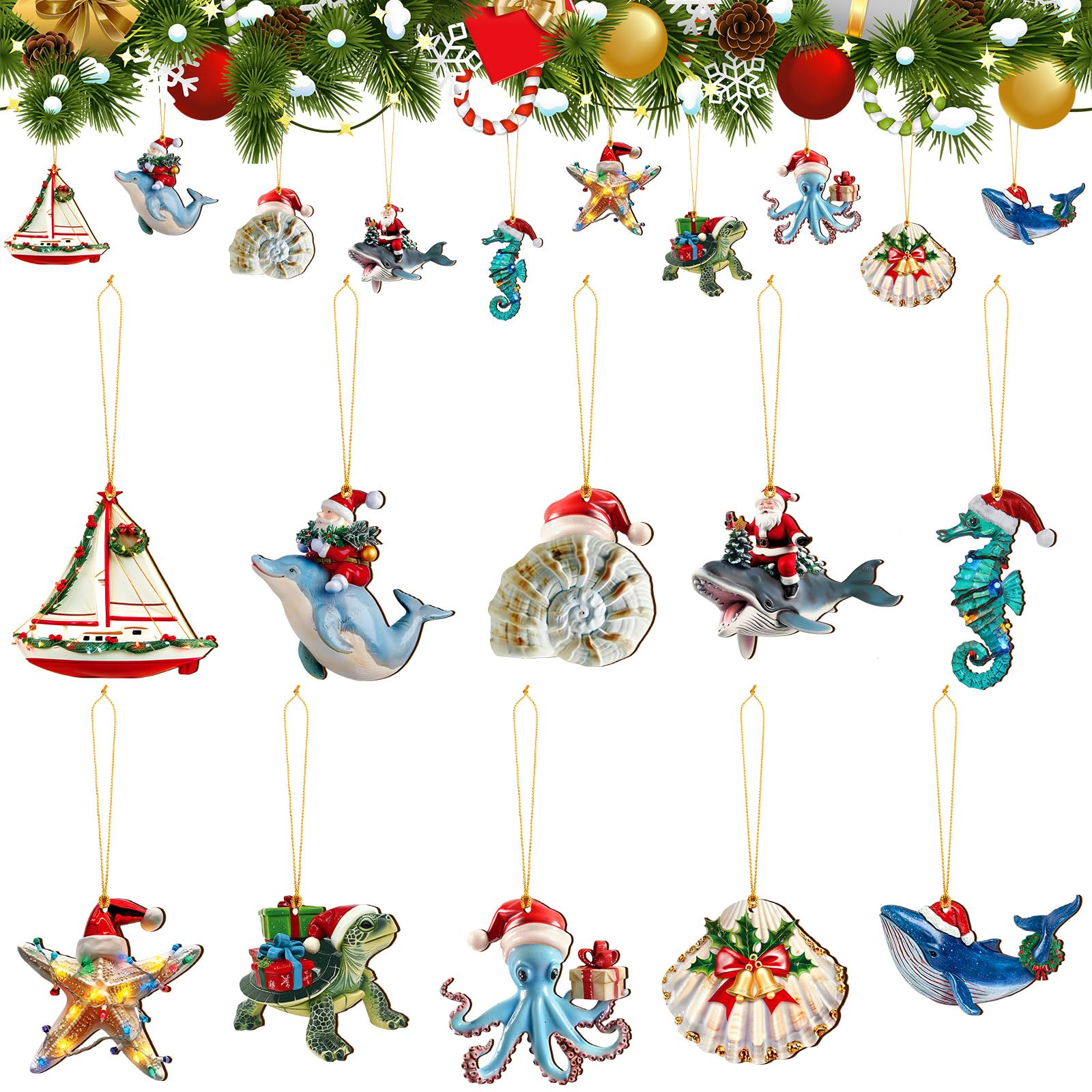 Amazon.com: Vercraft 20 Pcs Sea Creature Christmas Ornament with Santa ...