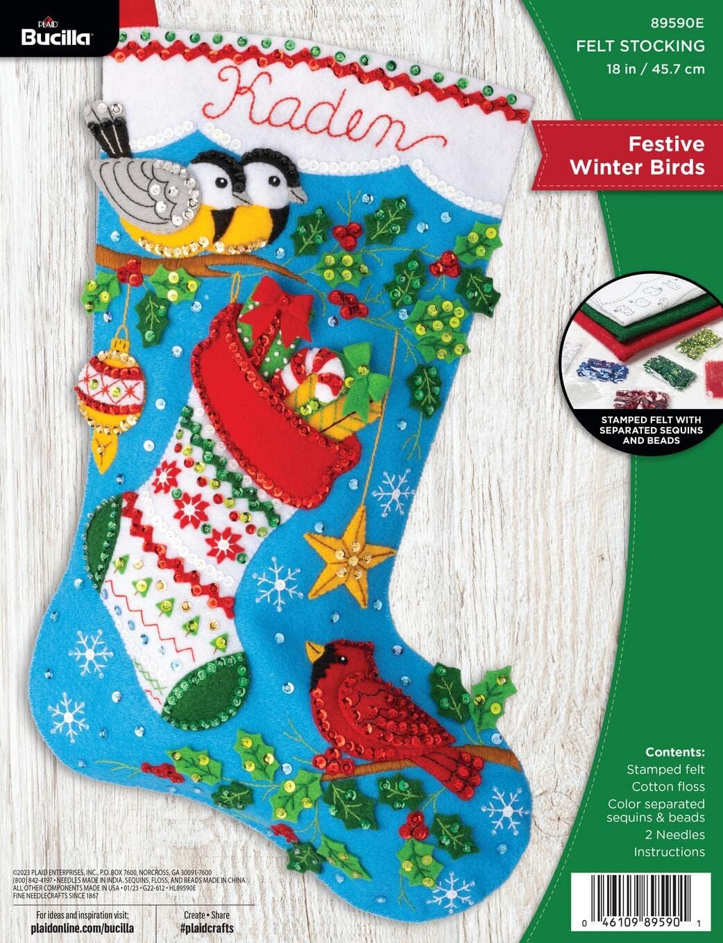 Amazon.com: Bucilla, Festive Winter Birds, Felt Applique 18" Stocking ...