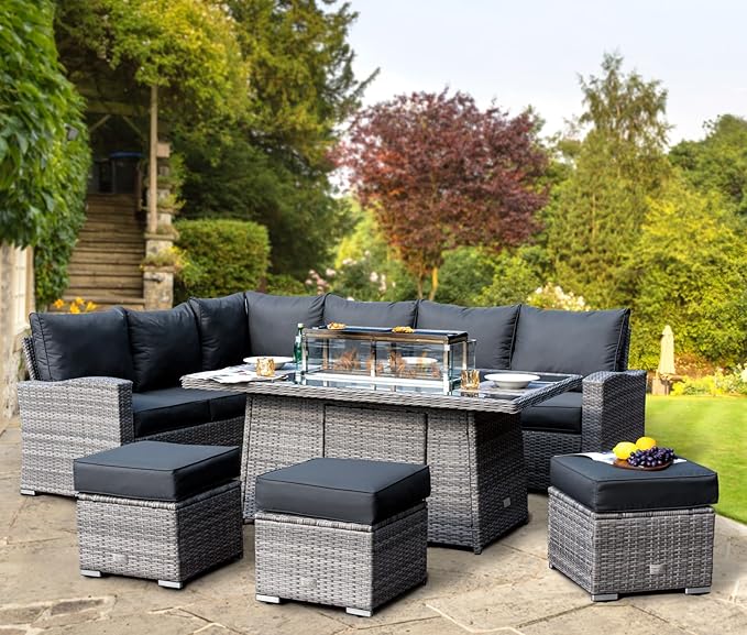 Rattan Garden Furniture with Fire Pit Table - Premium Series - 9 Seater ...