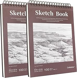 Amazon.com: Crehatos 9" x 12" Sketch Book, Top Spiral Bound Sketch Pad, 100 Sheets Each 68lb ...