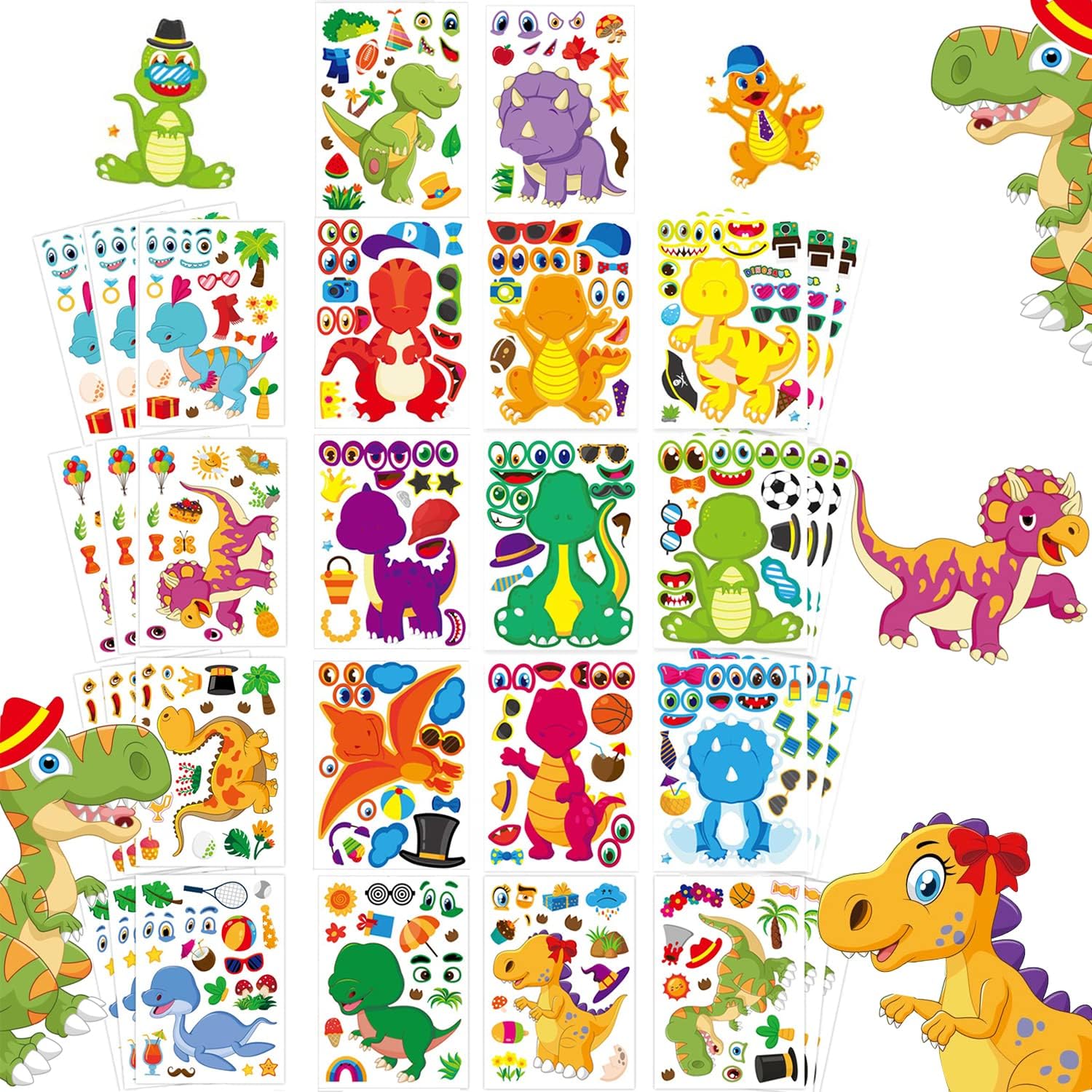 Amazon.com: 54 PCS Make a Face Dinosaurs Stickers 18 Theme Mix and ...
