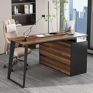 Amazon.com: Hitow Reversible Office Desk with 3 Drawers Cabinet ...