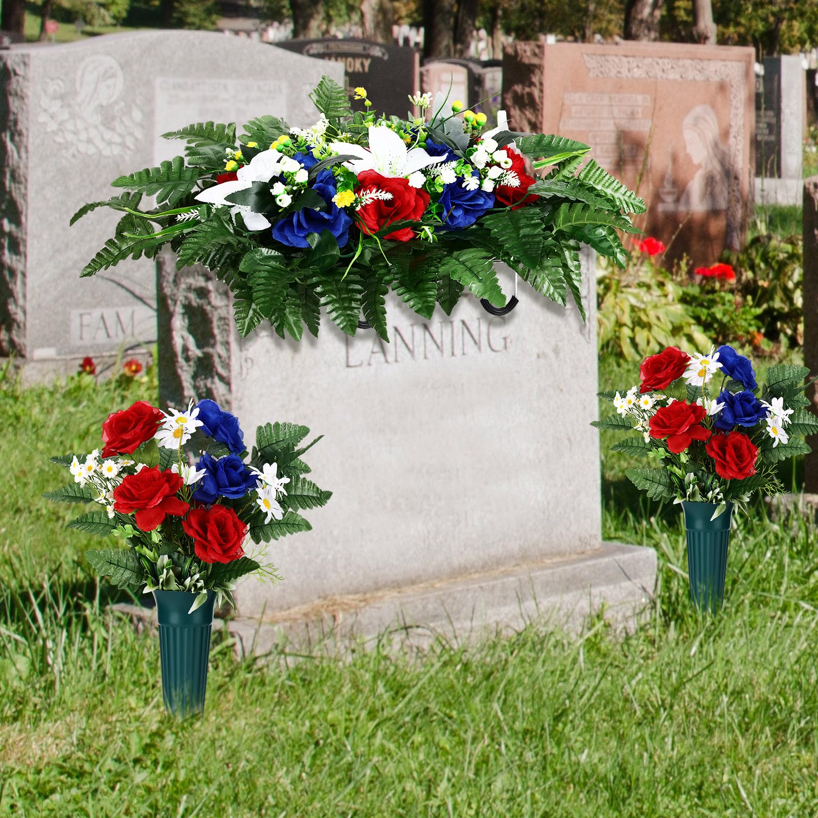 Riceshoot 3 Pcs Patriotic Artificial Cemetery Flowers Set Headstone ...