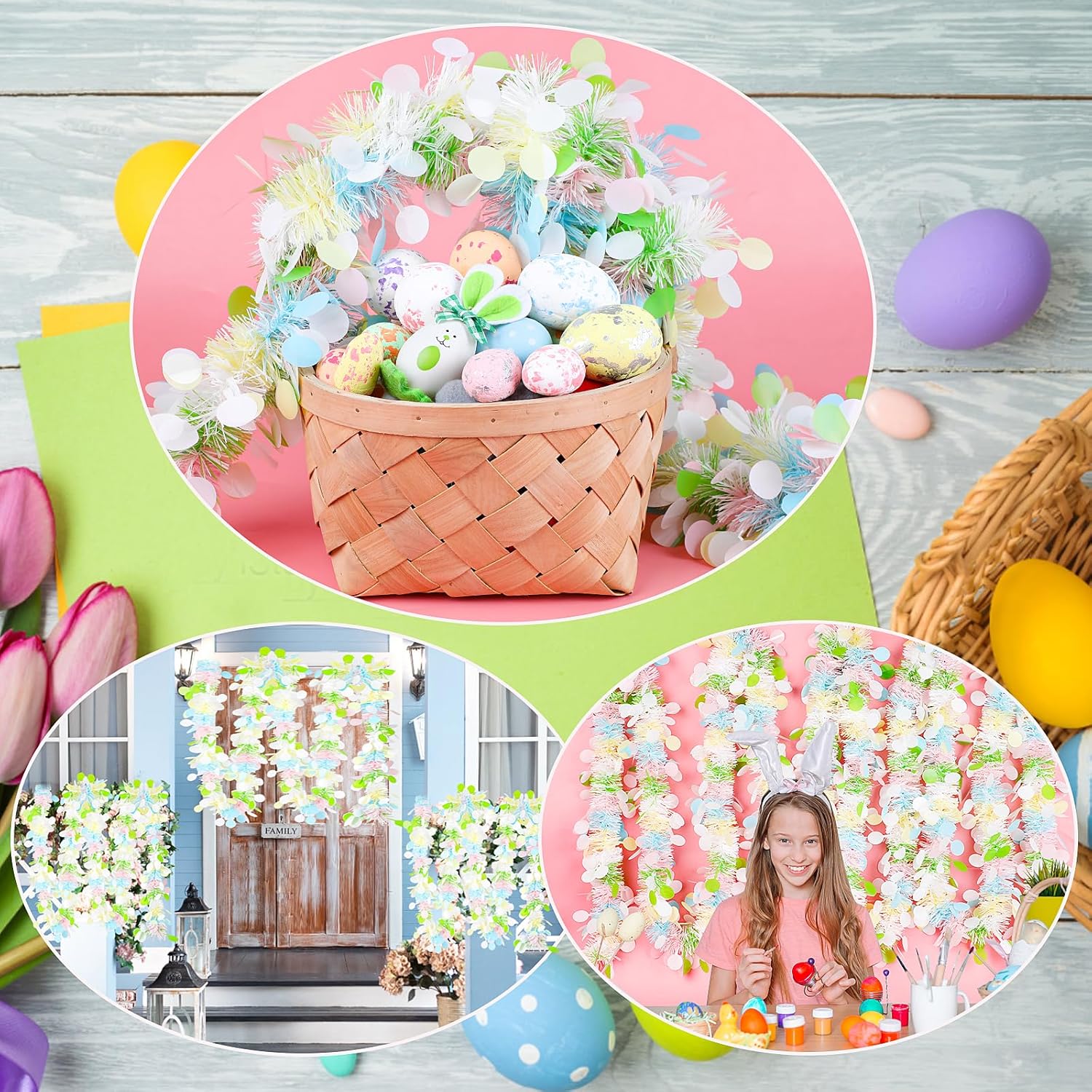 KIMOBER Guirnalda de oropel de Pascua, colorida guirnalda metálica de ...