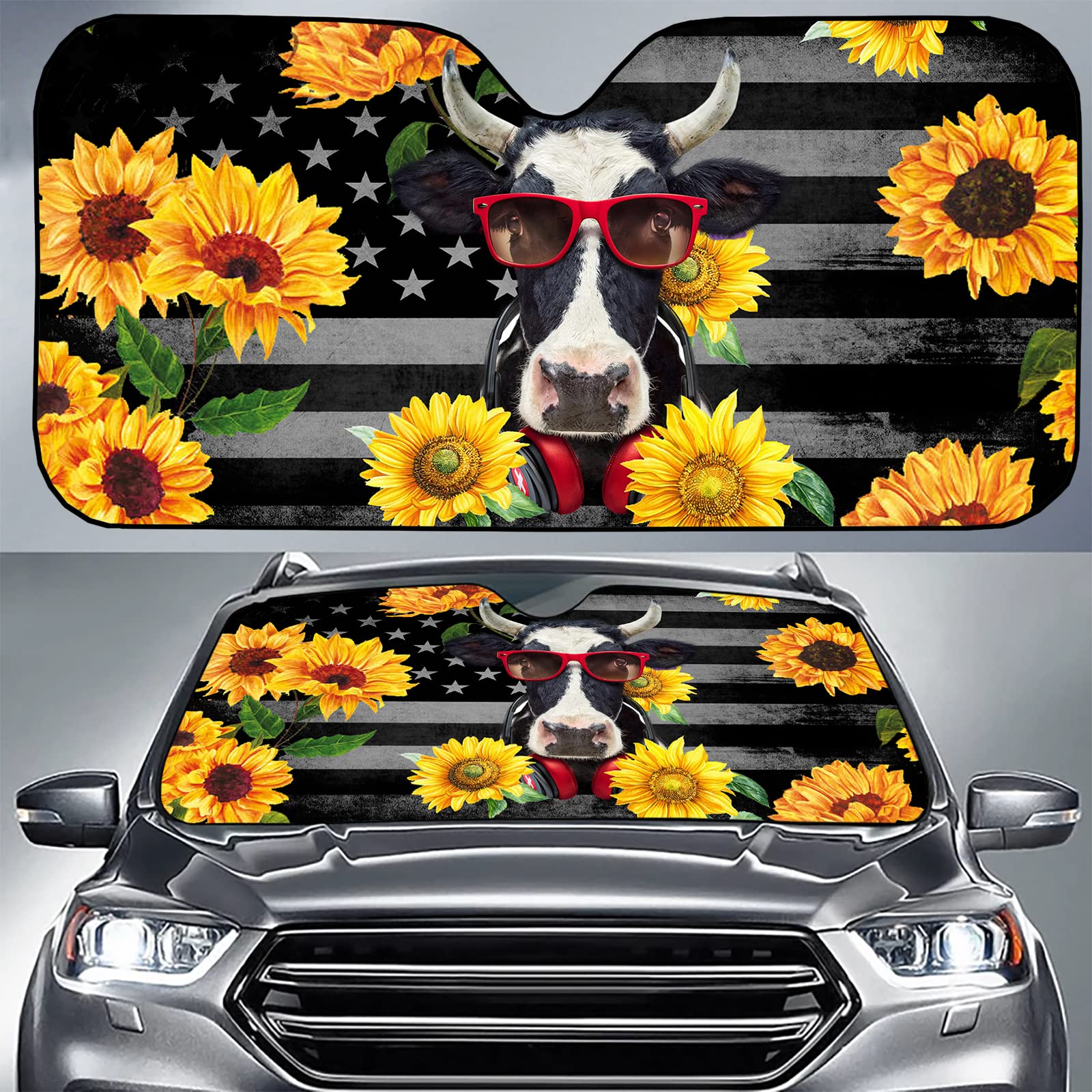 Sunflower Cow Car Windshield Sun Shade Foldable Car Front Window Covers ...