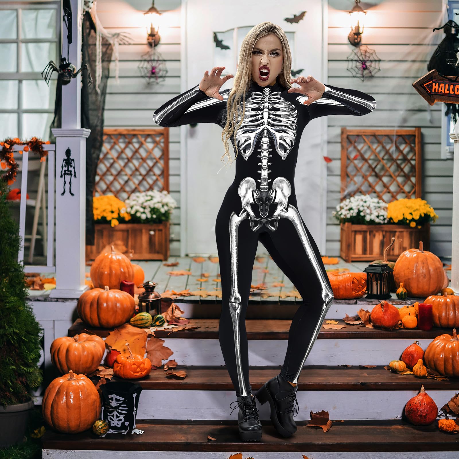 Snapklik.com : Halloween Skeleton Costume Women Cosplay Bodysuit Outfit ...