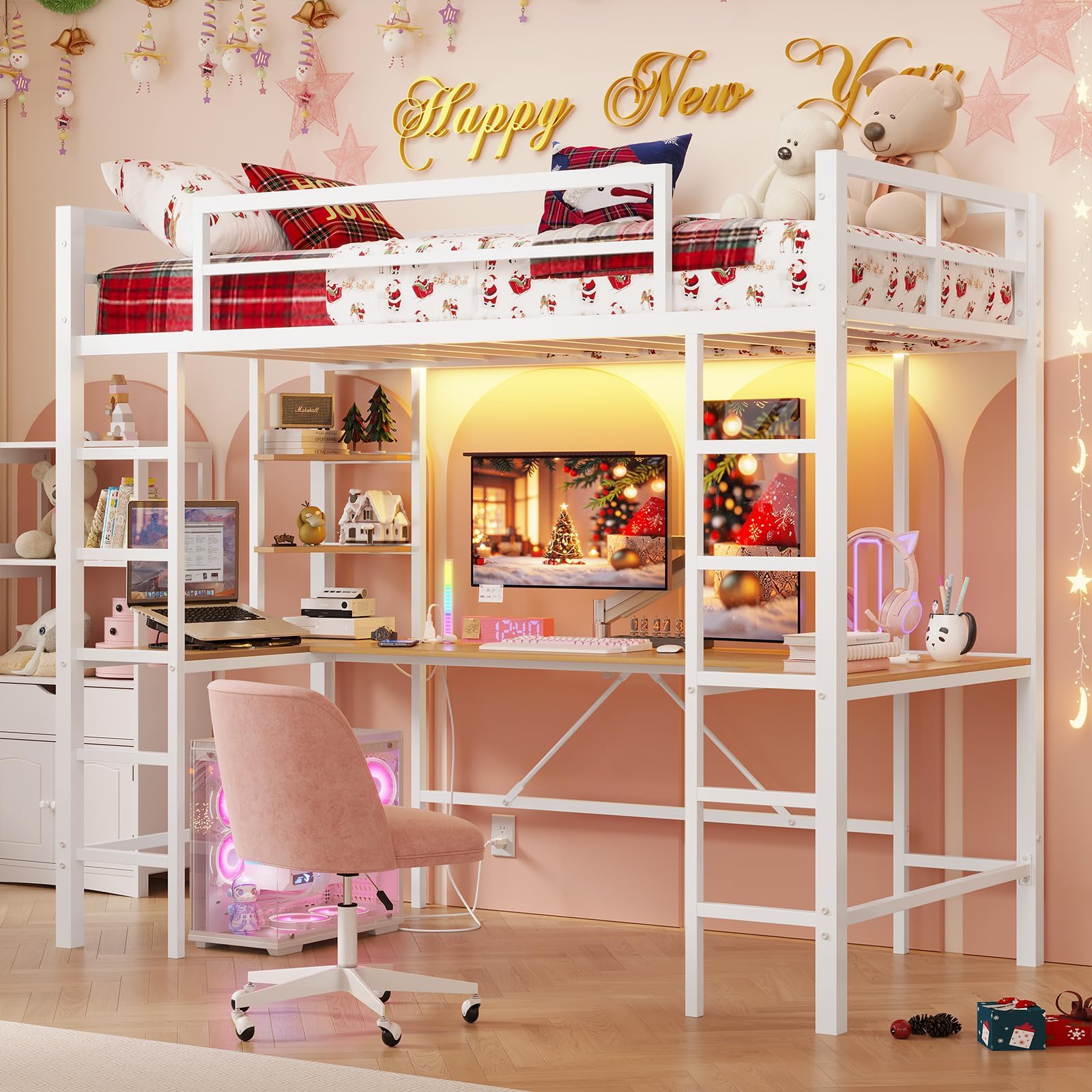 Amazon.com: Hasuit Twin Size Loft Bed with U-Shaped Desk, Charging ...