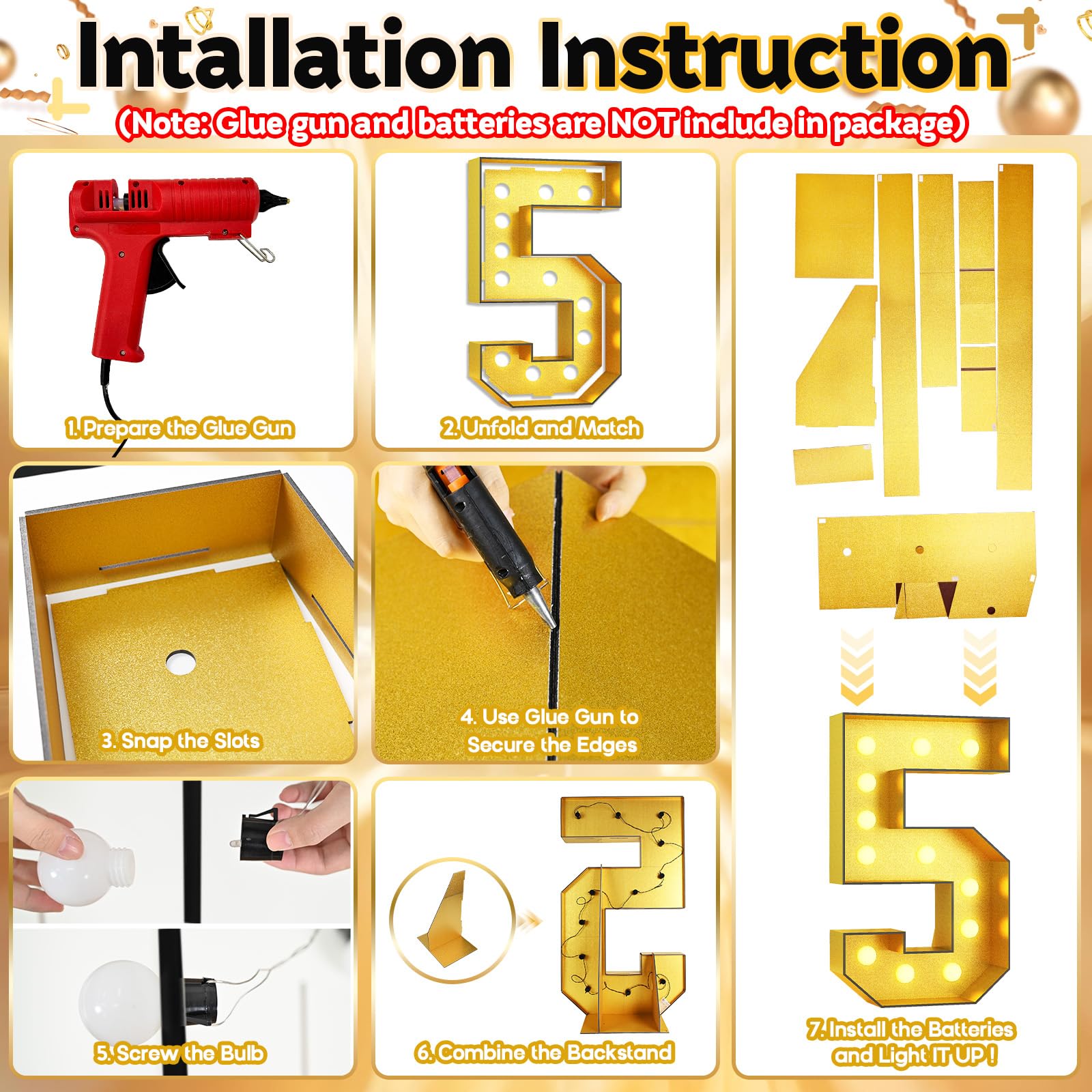 Snapklik.com : 4FT Large Light Up Numbers 5, Gold Number 5 Marquee ...