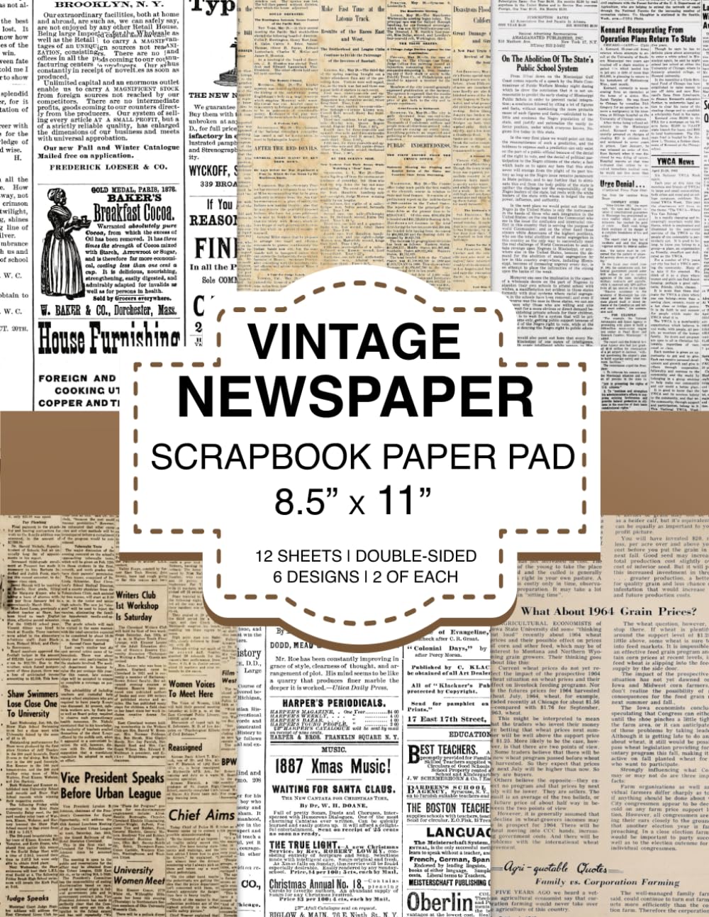 Vintage Newspaper Scrapbook Paper Pad 8.5” x 11”: Old Newsprint Craft ...