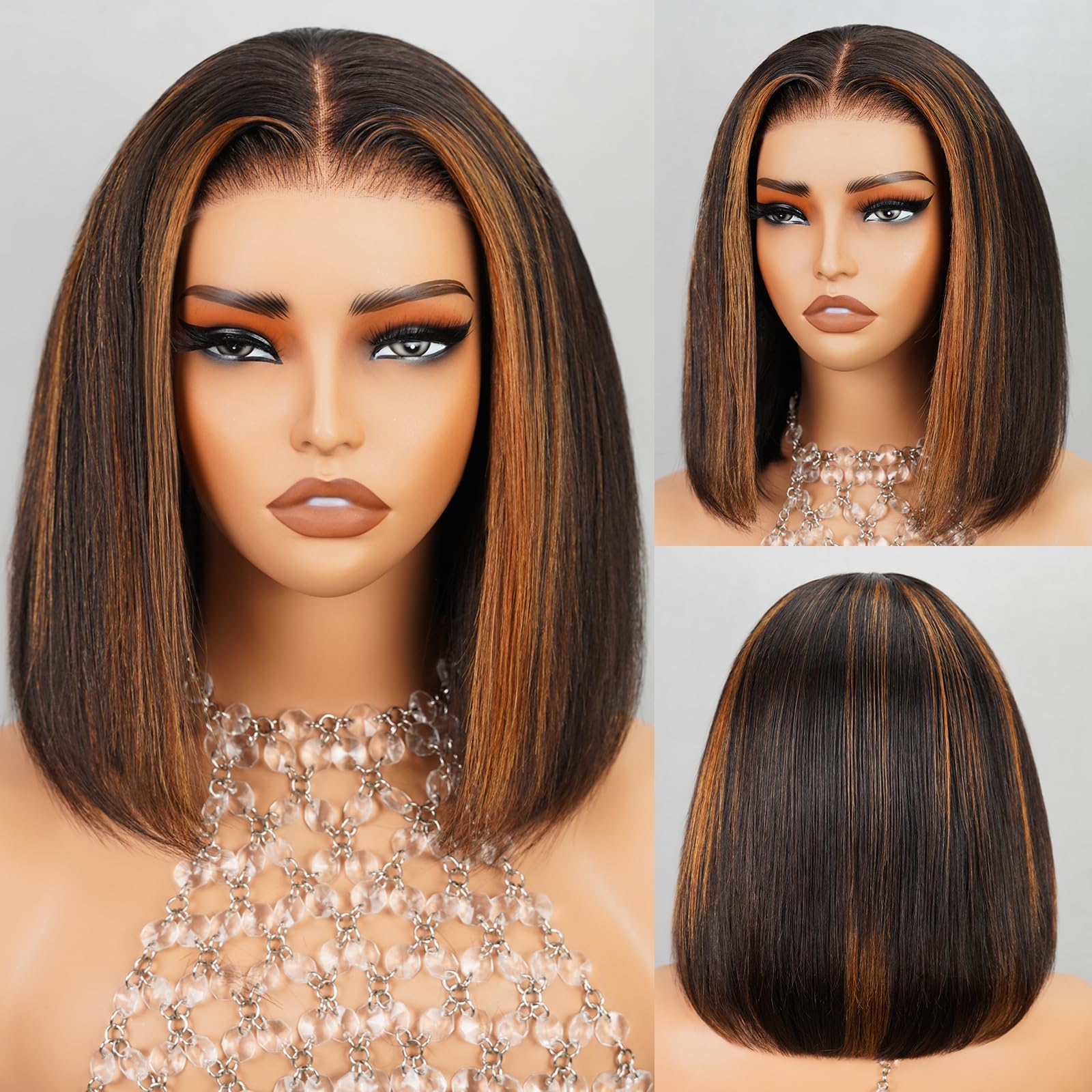 Amazon.com : MEGALOOK 6x5 Highlight Bob Wig Human Hair Glueless Wig Pre ...