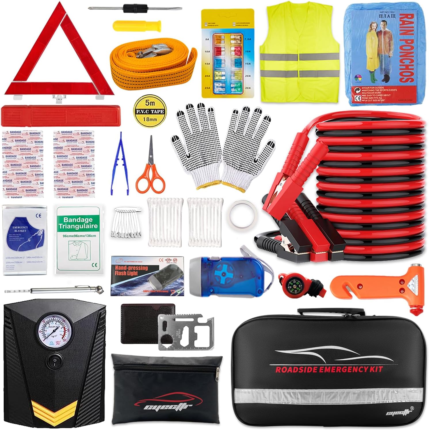 CYECTTR Kit d'urgence routière pour voiture, camion avec câbles de ...