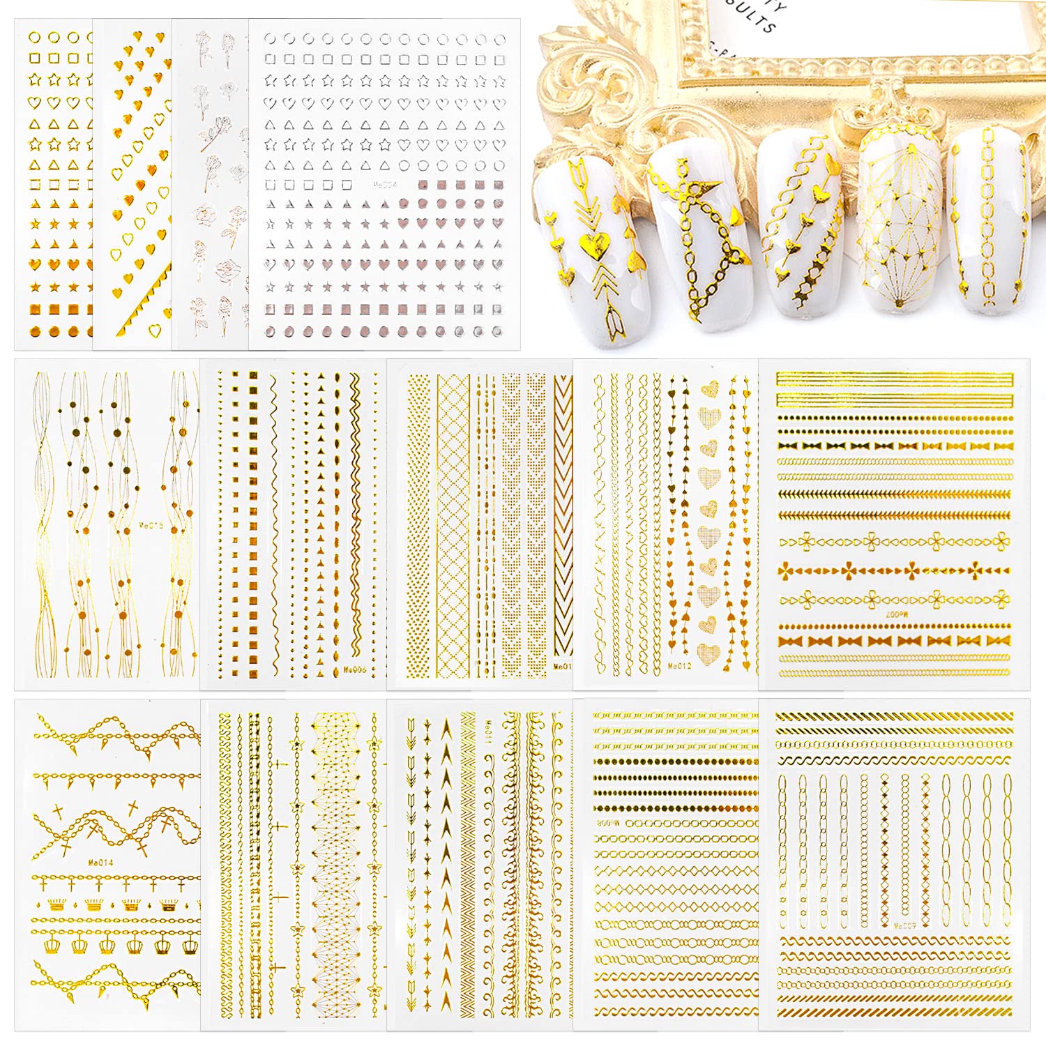 Amazon.com: SILPECWEE 14 Sheets Gold Nail Stickers Geometry Metallic ...