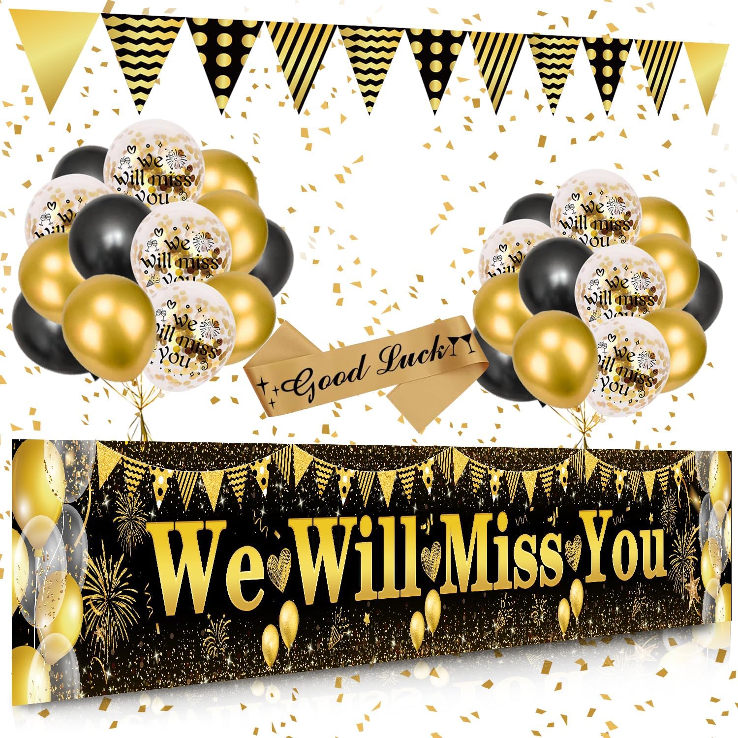 We Will Miss You Banner Retirement Balloons Black & Gold Good Luck ...