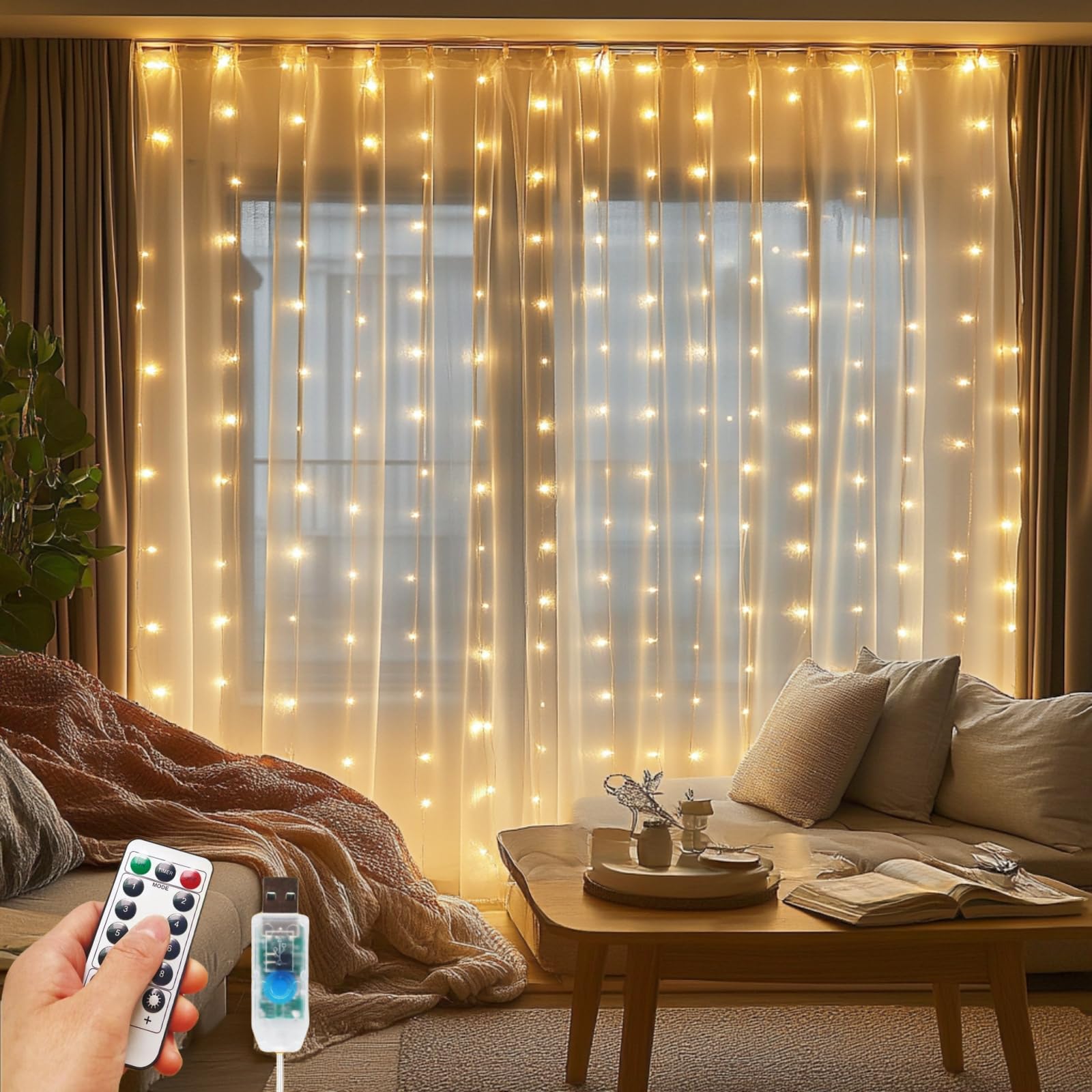 Amazon.com: Patioman Fairy Curtain Lights, 300 LED Upgraded Tangle-Free ...