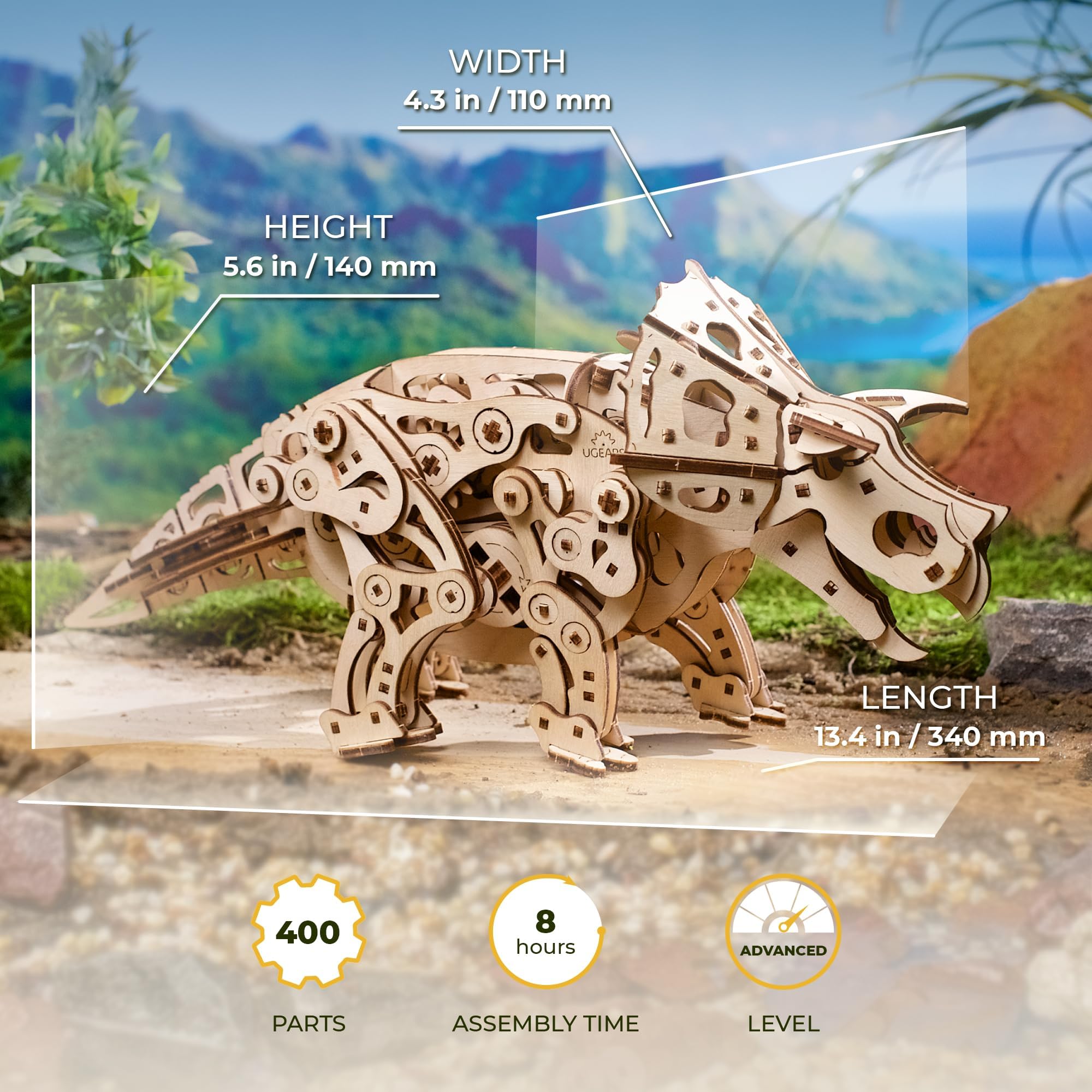 UGEARS Triceratops Dinosaur Wooden Model Kit – 3D Wooden Puzzle for ...