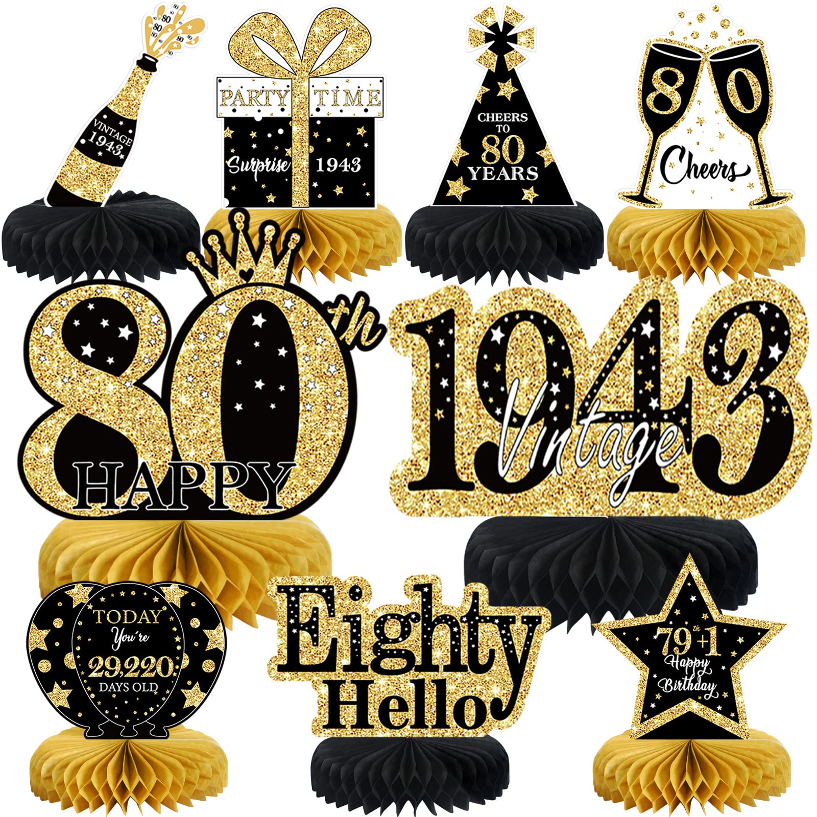 Buy 9Pcs 80th Birthday Decorations Honeycomb Centerpieces for Men Women ...