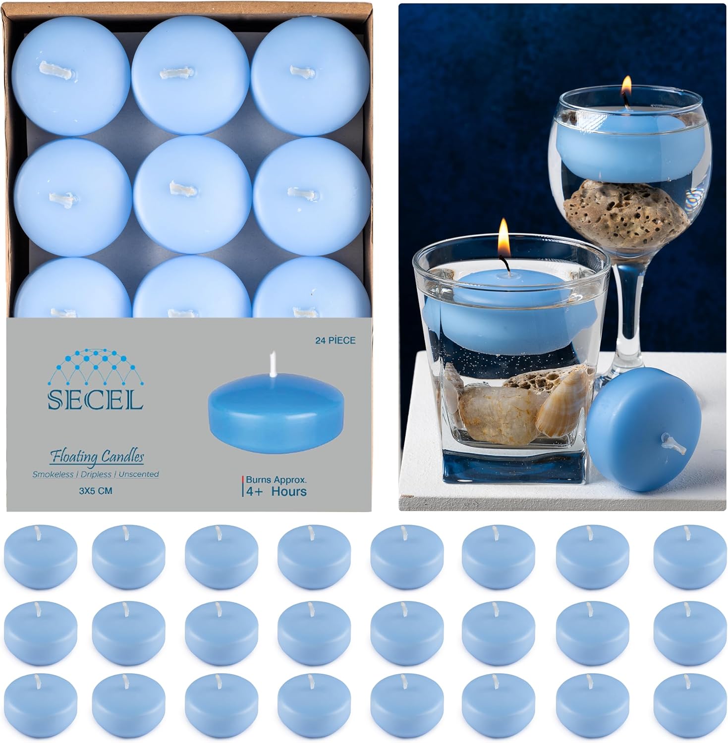 Amazon.com: SECEL Pack of 24 Floating Candles 2 Inch 4+Hours Paraffin ...