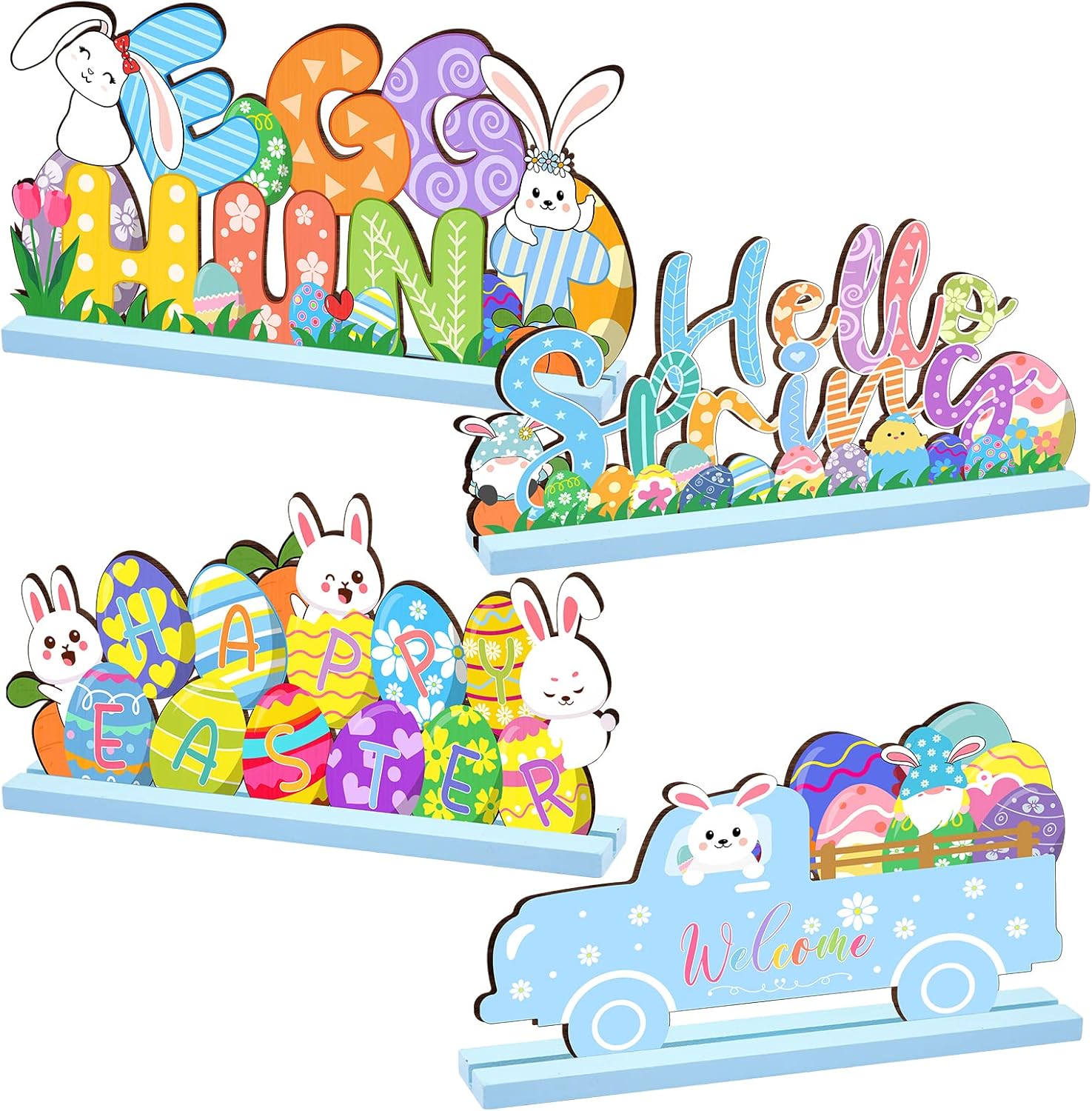 Amazon.com: 4PCS Easter Wooden Table Sign, Happy Easter Bunny Table ...