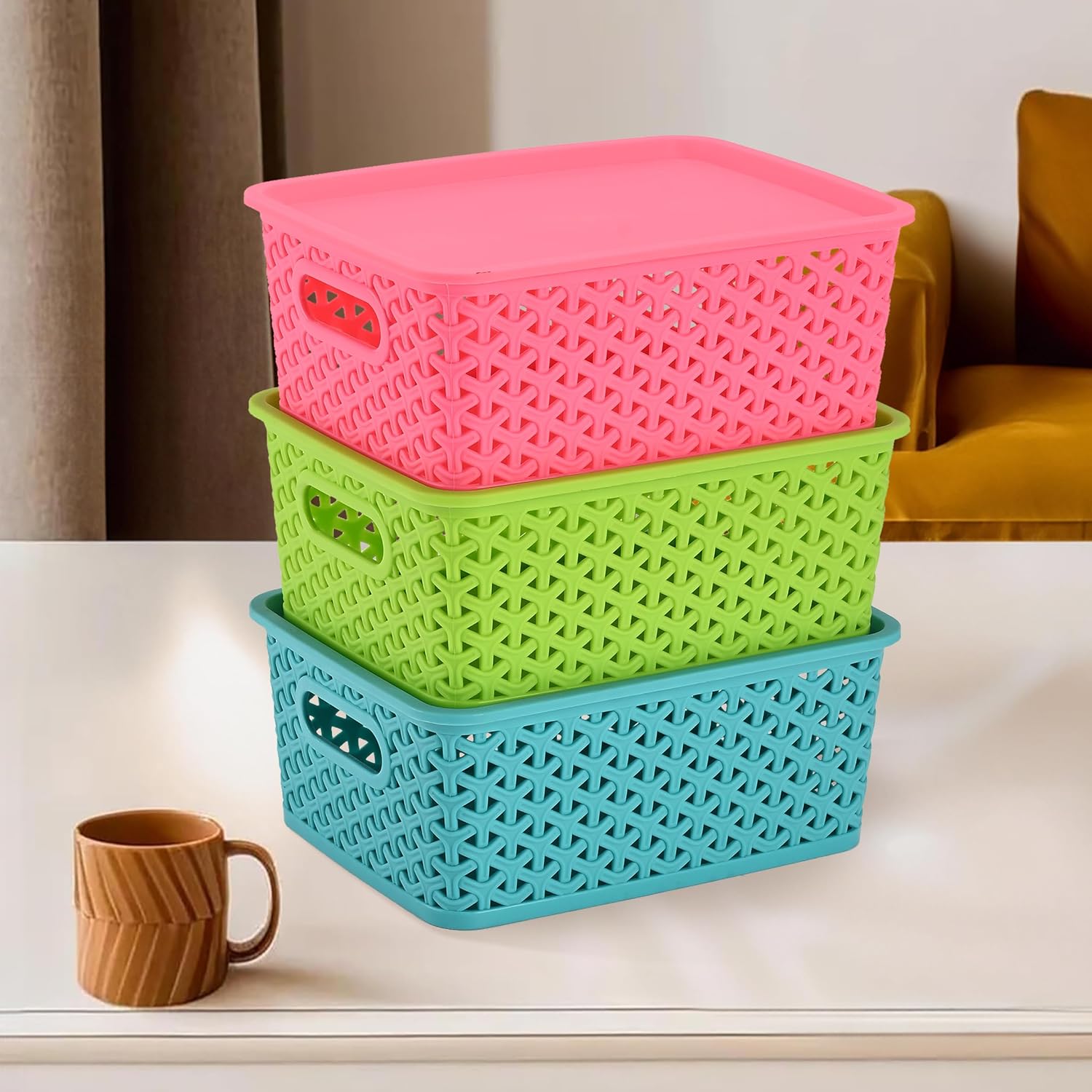 Kuber Industries Pack of 3 Multipurpose Storage Baskets with Lid for ...