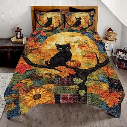 Amazon.com: Fall Autumn Quilt - Black Cat Quilts King Size - Fall Leaf ...