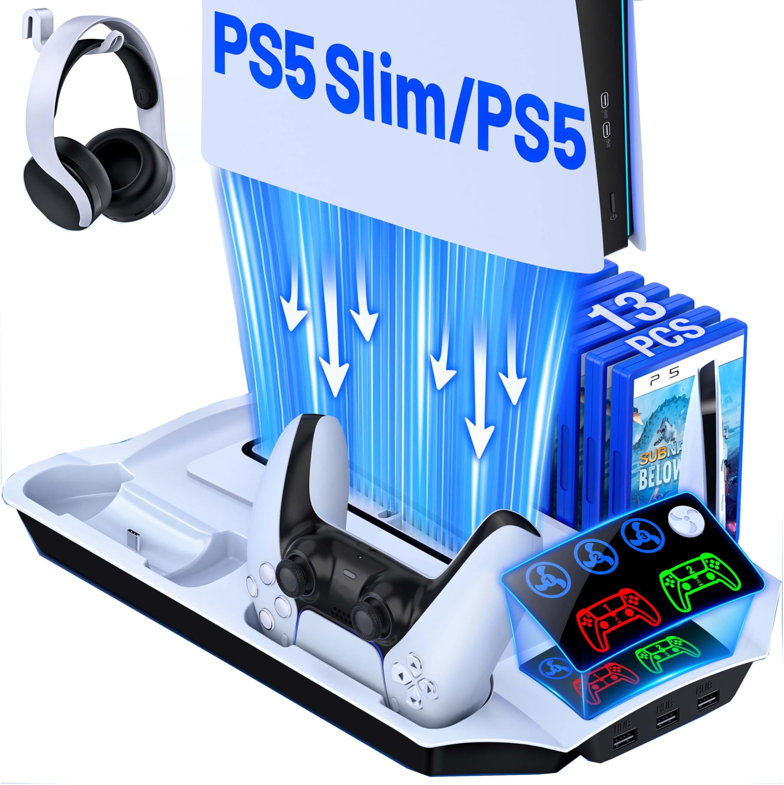 Amazon.co.jp: ps5 slim スタンド 縦置き 冷却ファン付き放熱 PS5/PS5 Silm コントローラー 充電スタンド 2 ...